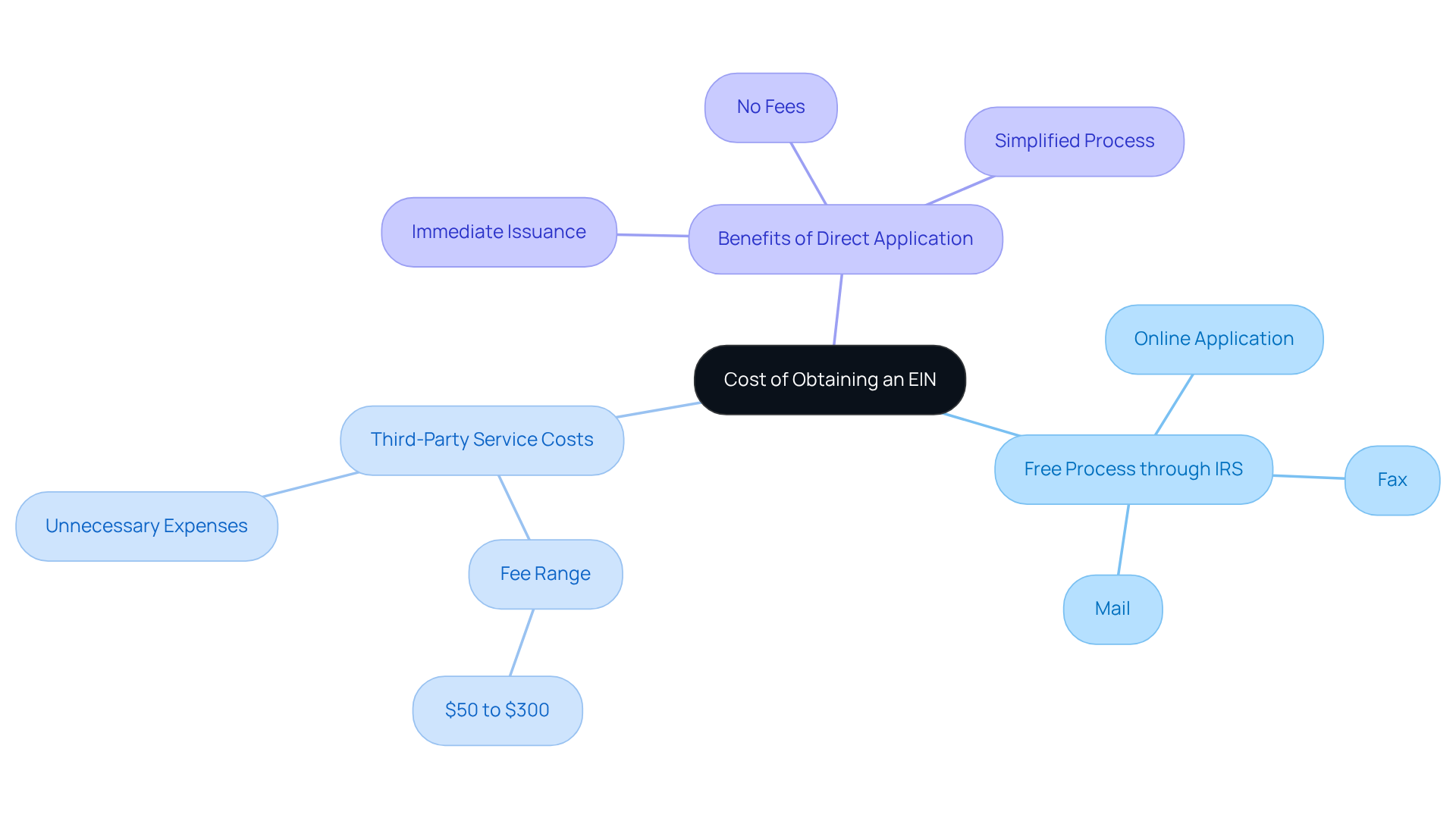 The central node shows the main topic, while branches illustrate related points. Each color-coded branch helps you see the differences between the free IRS process and the costs of third-party services. The central node shows the main topic, while branches illustrate related points. Each color-coded branch helps you see the differences between the free IRS process and the costs of third-party services.