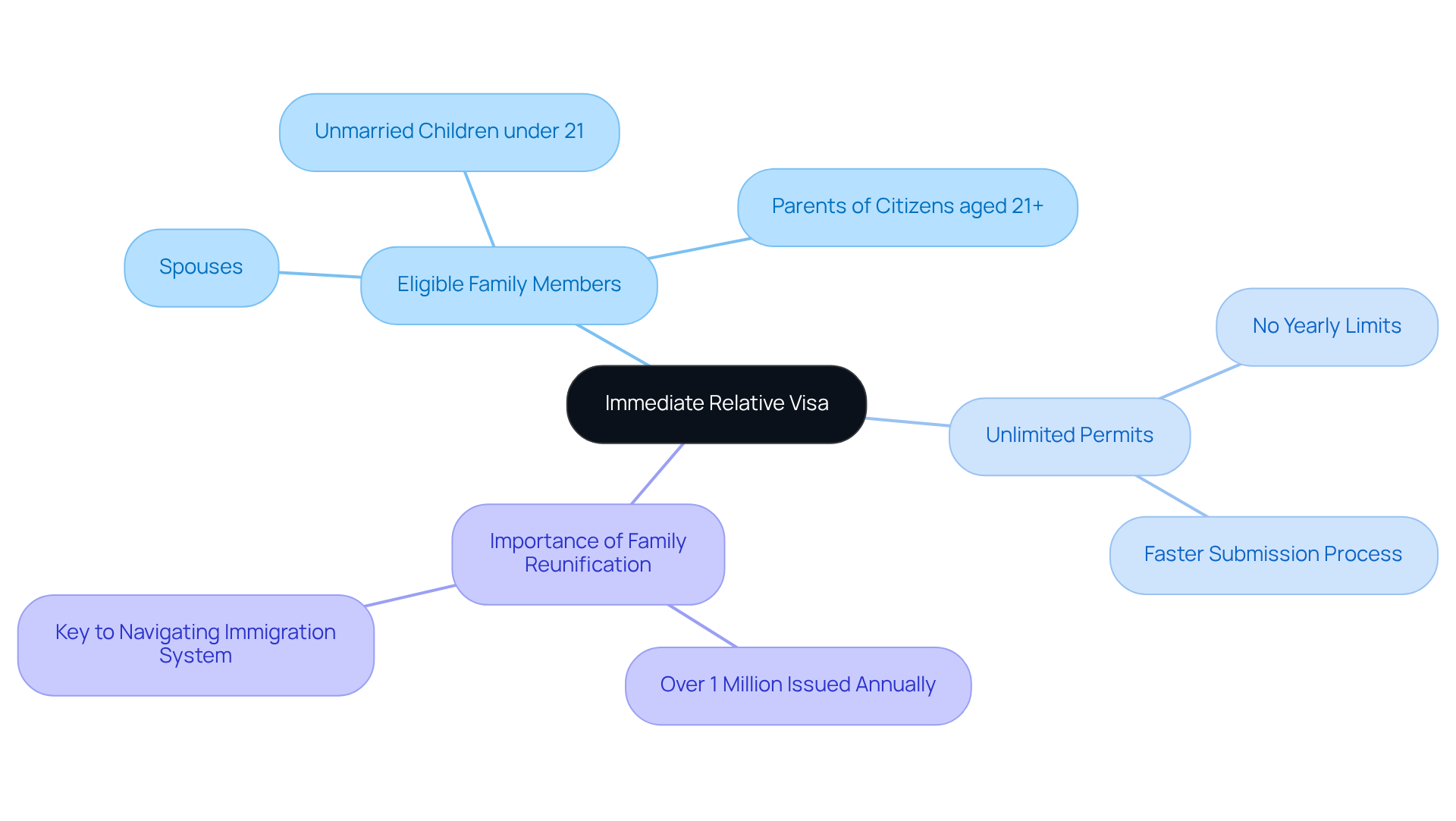 Start at the center with the main concept of the immediate relative visa, then follow the branches to see who qualifies and why this visa is important. Each color represents a different aspect of the visa, making it easy to understand the connections.