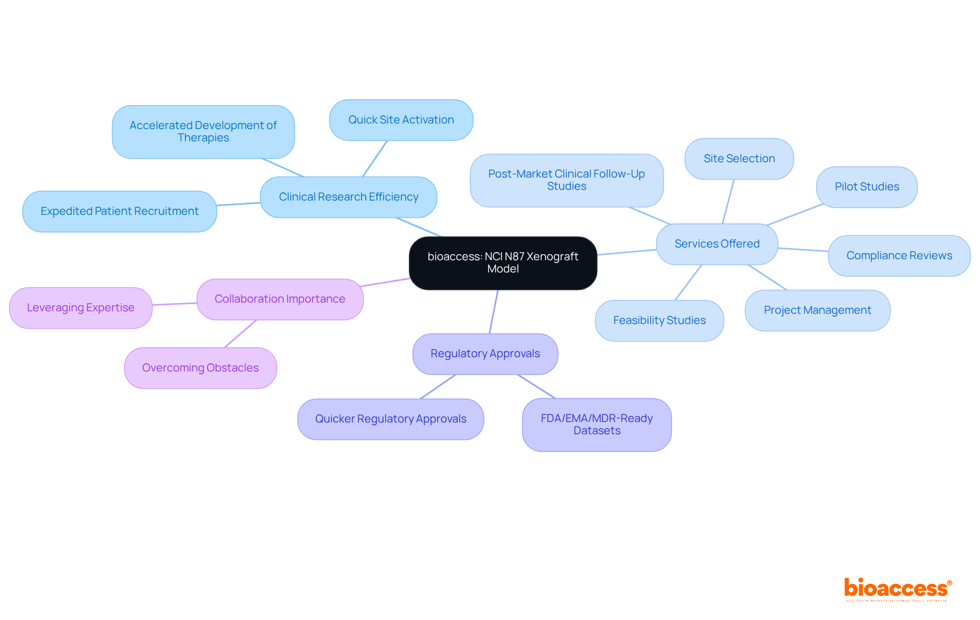The central node represents bioaccess and its innovative approach, while the branches show the various services that enhance clinical research efficiency. Each service is a step towards achieving faster regulatory approvals and successful market entry.