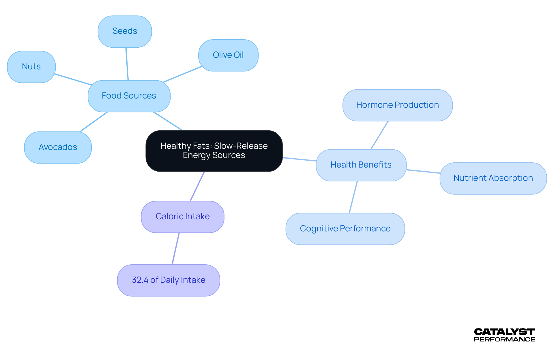 The center represents the main topic of healthy fats, while the branches show different food sources and their benefits. Each color-coded branch helps you see how these elements connect to the idea of sustained energy.