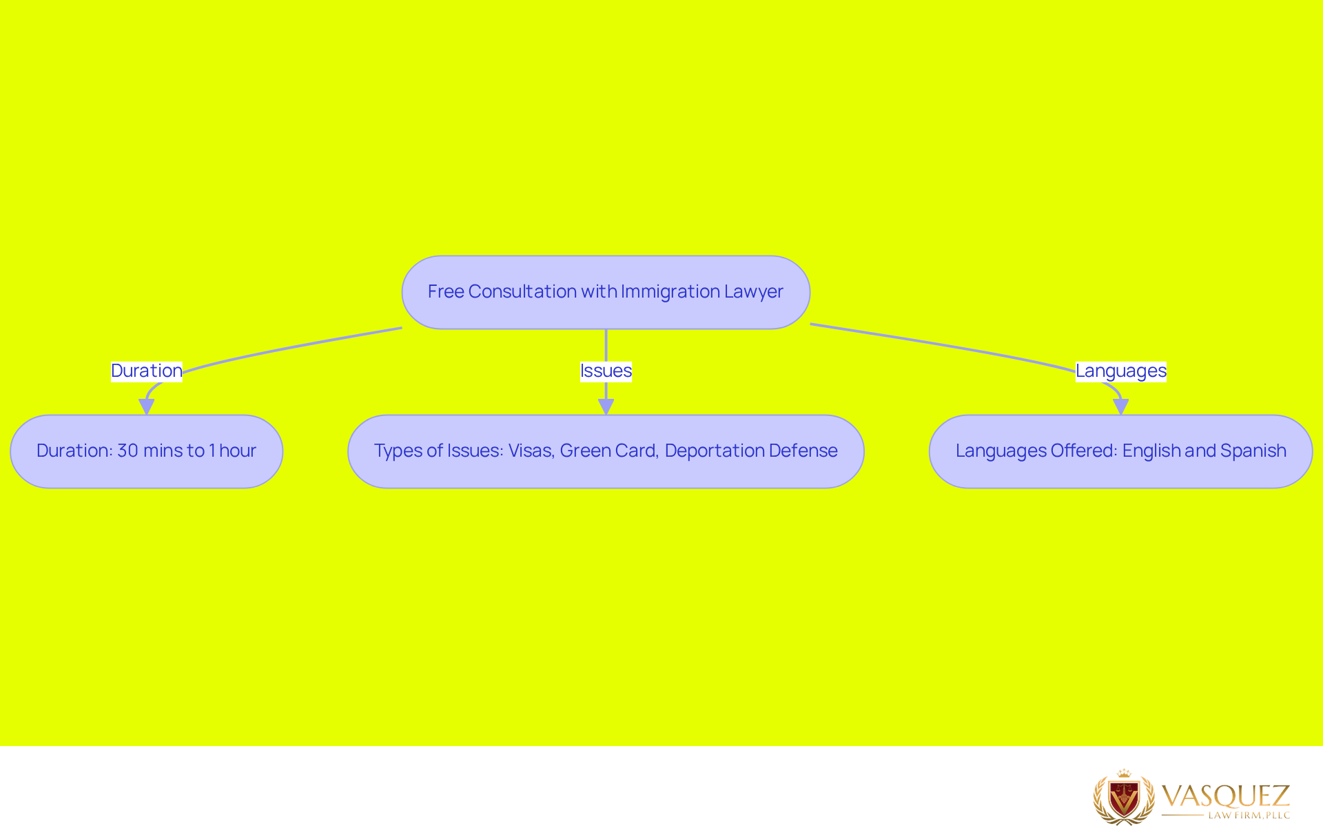 This flowchart outlines the steps involved in a free consultation with an immigration lawyer. Start at the top with the consultation offer, then follow the arrows to see how long it lasts, what issues can be discussed, and the languages available for the consultation.