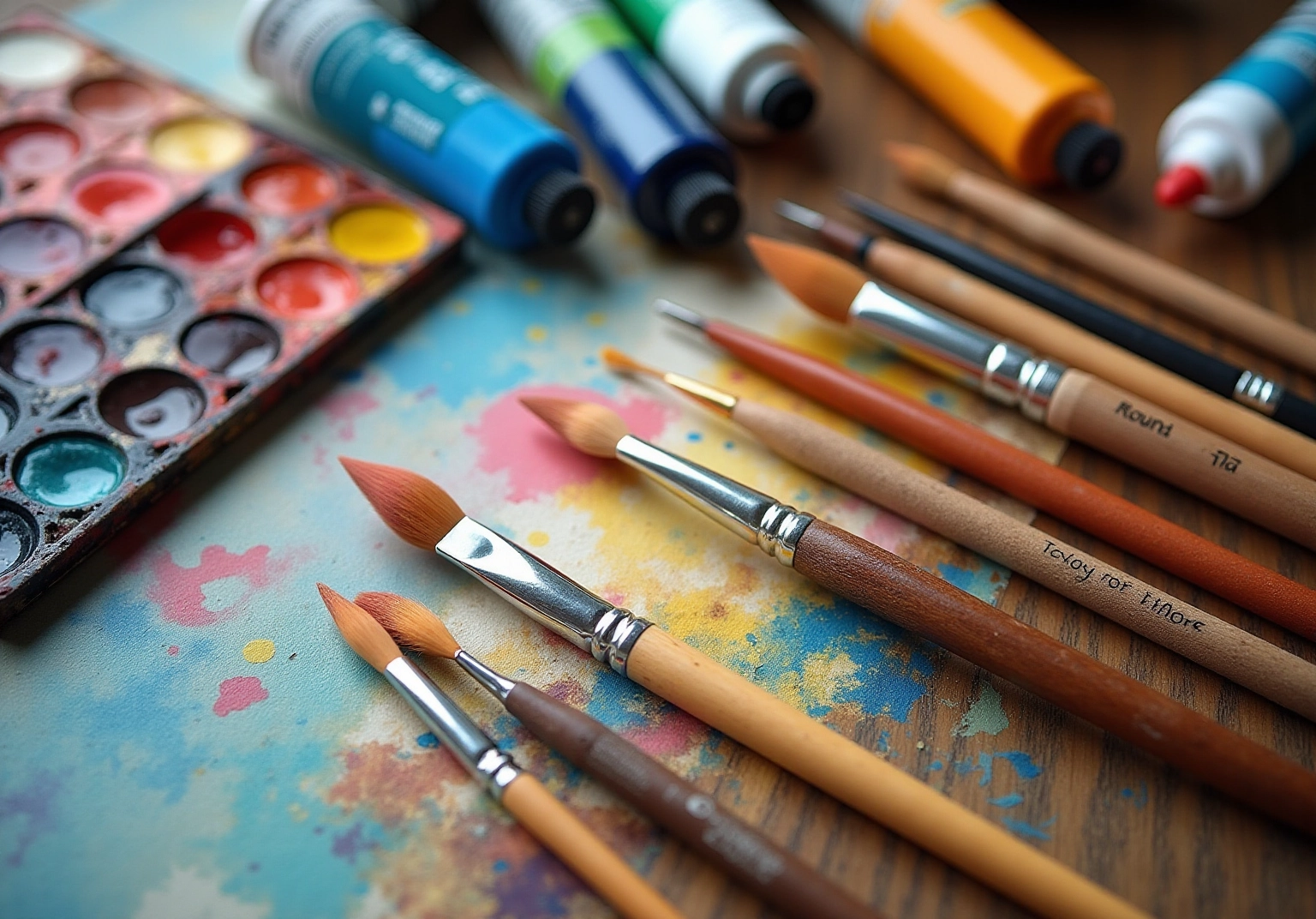 Watercolor Brushes in an Artist's Workspace