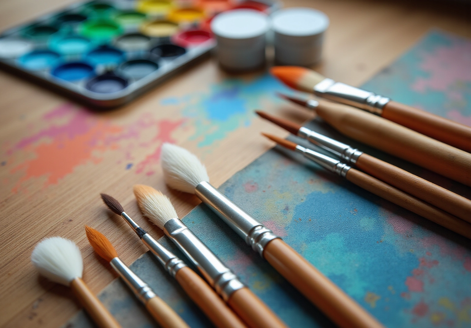 Watercolor Brushes in an Artist's Workspace