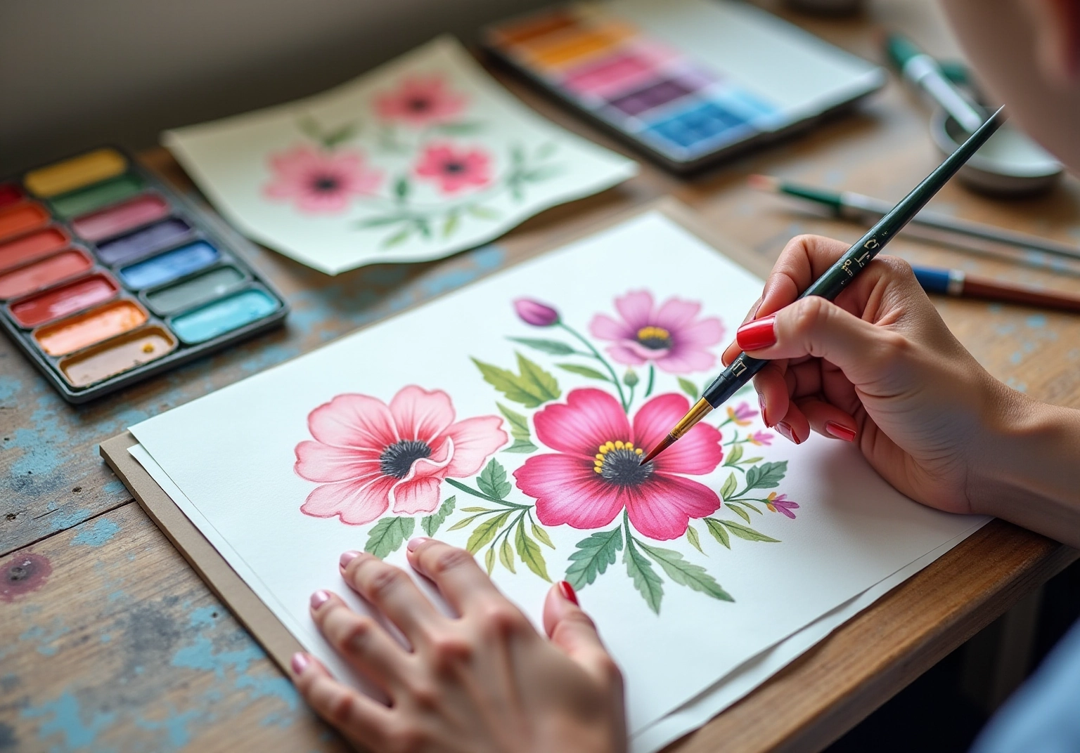 Watercolor Flower Painting in Progress