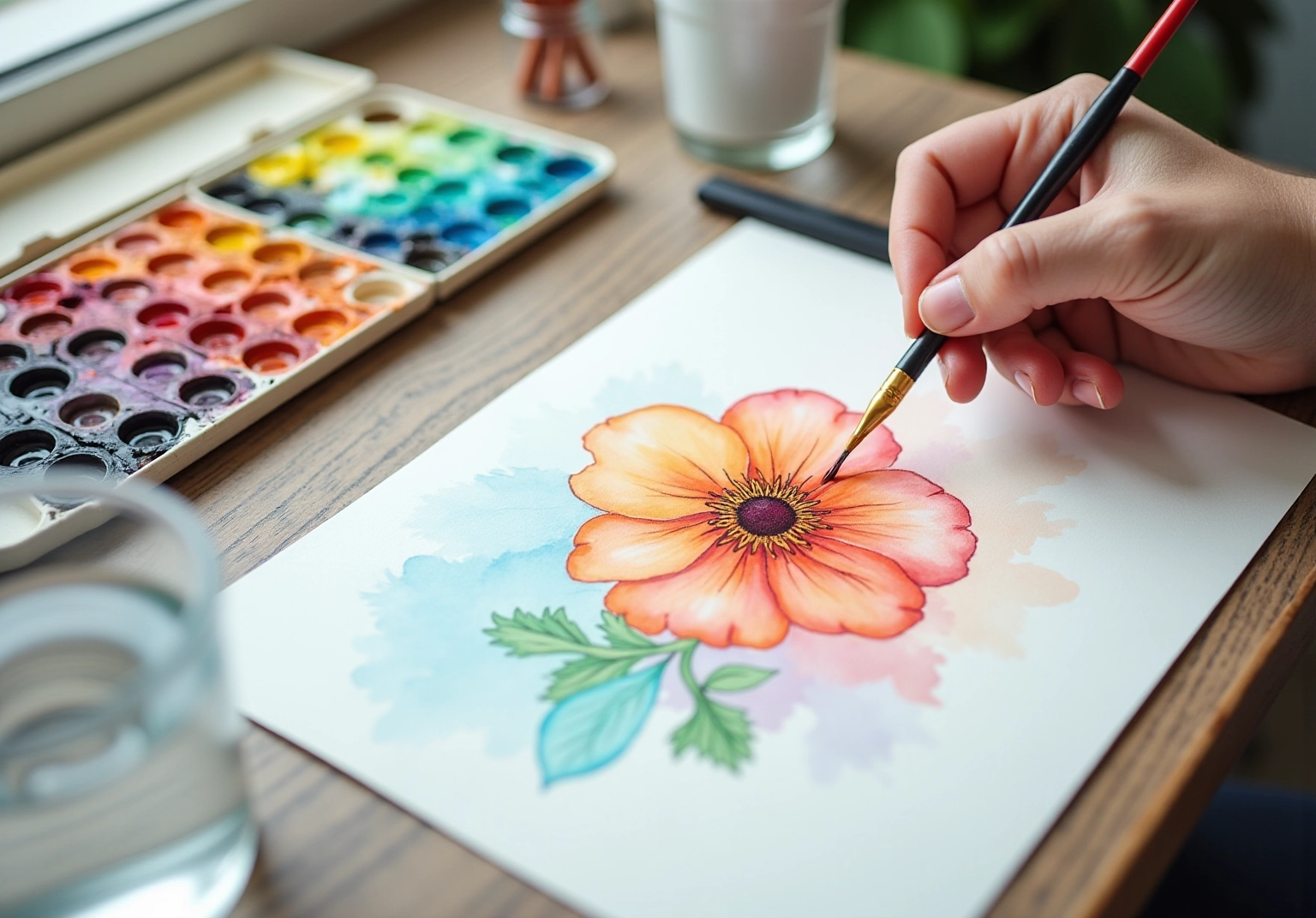 Essential Supplies for Watercolor Flower Painting
Follow Step-by-Step Instructions to Paint Watercolor Flowers
Creating stunning watercolor flowers can be a delightful journey, and I’m here to guide you through it step by step:
- Sketch Your Design: Begin by gently outlining the shape of your flower on painting paper. Focus on simple shapes and overall composition to keep it manageable and enjoyable.
- Prepare Your Palette: Activate your paints on the palette, blending hues to achieve the desired shades for your flowers. This part is where your creativity truly starts to shine.
- Wet the Paper: To achieve a soft, blended effect, wet the area of the paper where you plan to paint using a clean brush dipped in water. This allows the hues to blend beautifully, creating a harmonious look. As Kelly Swain notes, this method is essential for watercolor painting, so embrace it!
- Apply the First Wash: Start with a light wash of color for the petals. Using a round brush, apply the paint and let it spread naturally on the wet paper. This will create a soft base that sets the tone for your painting.
- Layer Colors: Once the first layer dries, add more layers to enhance color depth and dimension. Use a slightly darker shade for the second layer, concentrating on areas where shadows naturally occur. Remember, using quality materials is crucial for ensuring your artwork lasts, so choose wisely.
- Add Details: After the layers have dried, switch to a smaller brush to add intricate features like petal veins and the flower’s center. This is where your artwork truly comes to life! Beginners often struggle with achieving the desired transparency in watercolor, so take your time and enjoy this process.
- Final Touches: Take a moment to review your painting and add any final highlights or touches. A white gel pen or a small brush with white paint can be used for this purpose, adding that special finishing touch.
- Let It Dry: Finally, allow your artwork to dry completely before removing any masking tape or displaying it. Patience is key here, as it will ensure your masterpiece is ready to shine.
By following these steps, you will create a stunning floral painting that reflects your developing skills and creativity. Typically, novices might require around 30 to 60 minutes to finish a floral painting, so be gentle with yourself as you practice and grow in your artistic journey.
![Watercolor Flower Painting Process Watercolor Flower Painting Process