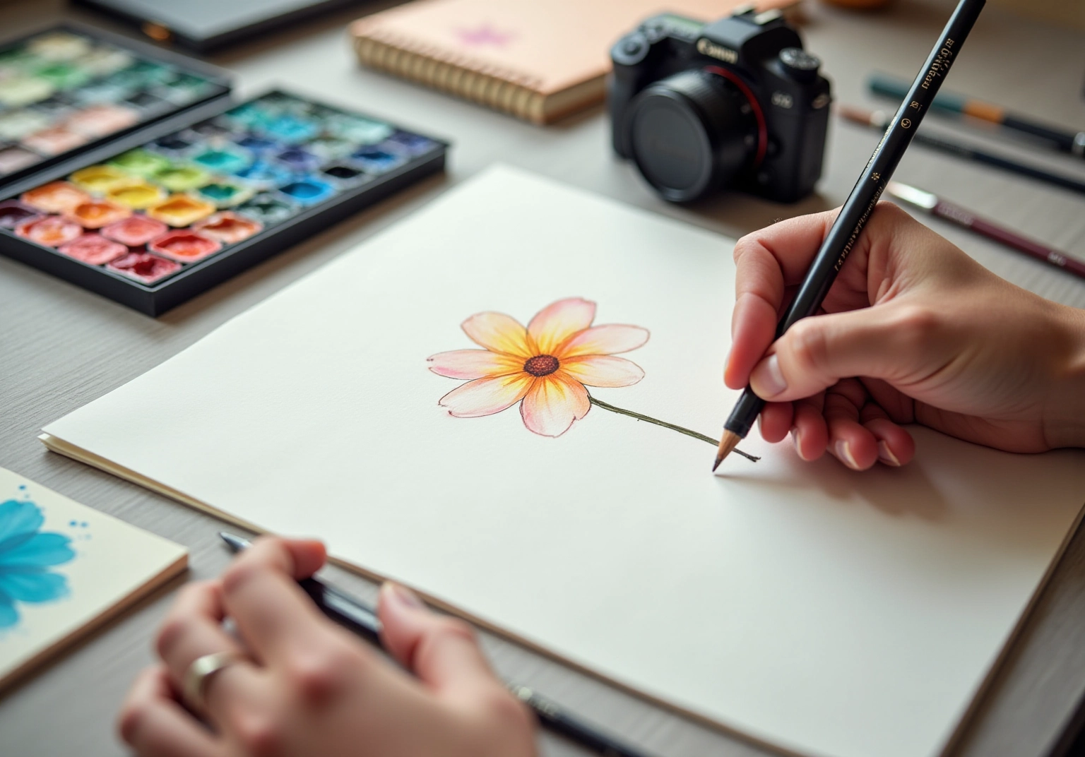 Watercolor Flower Sketching in Progress