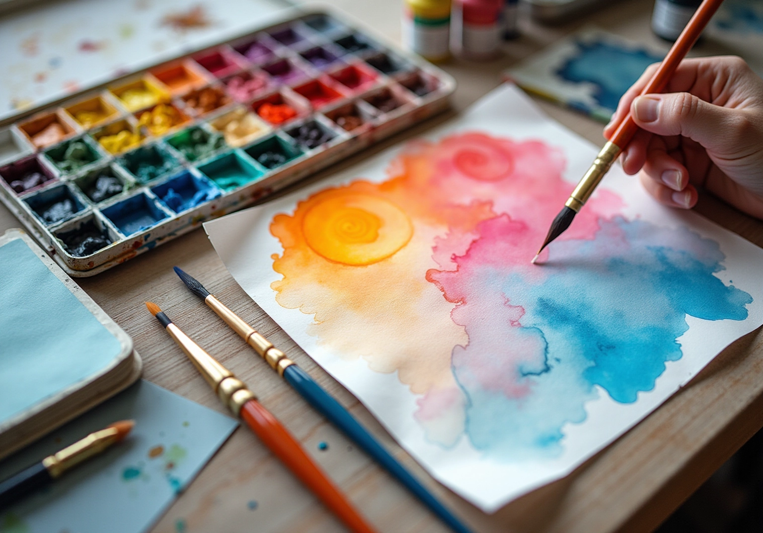 Watercolor Mixing Techniques in an Artist's Workspace