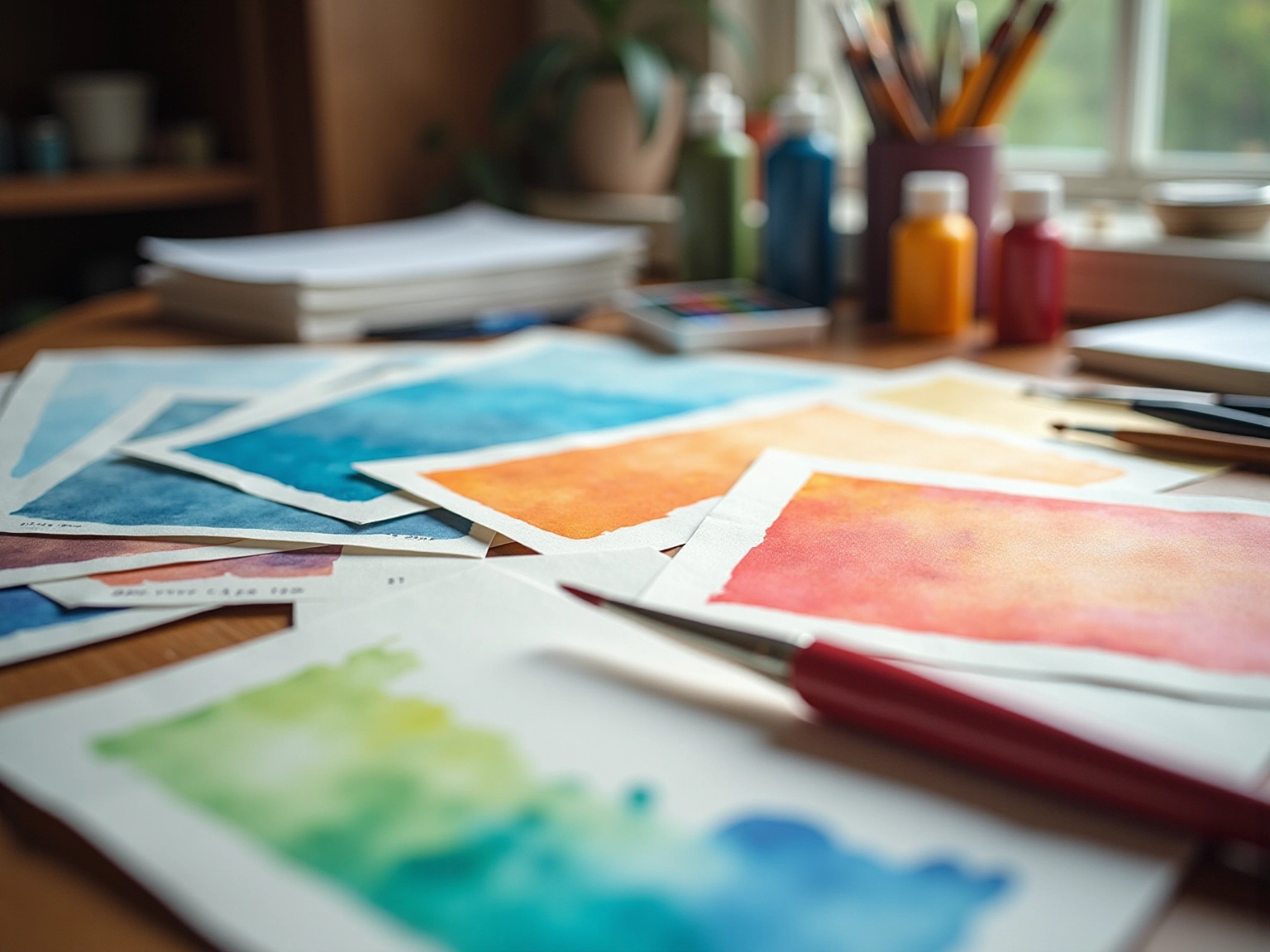 Watercolor Paper and Art Supplies in an Artist's Workspace Watercolor Paper and Art Supplies in an Artist's Workspace