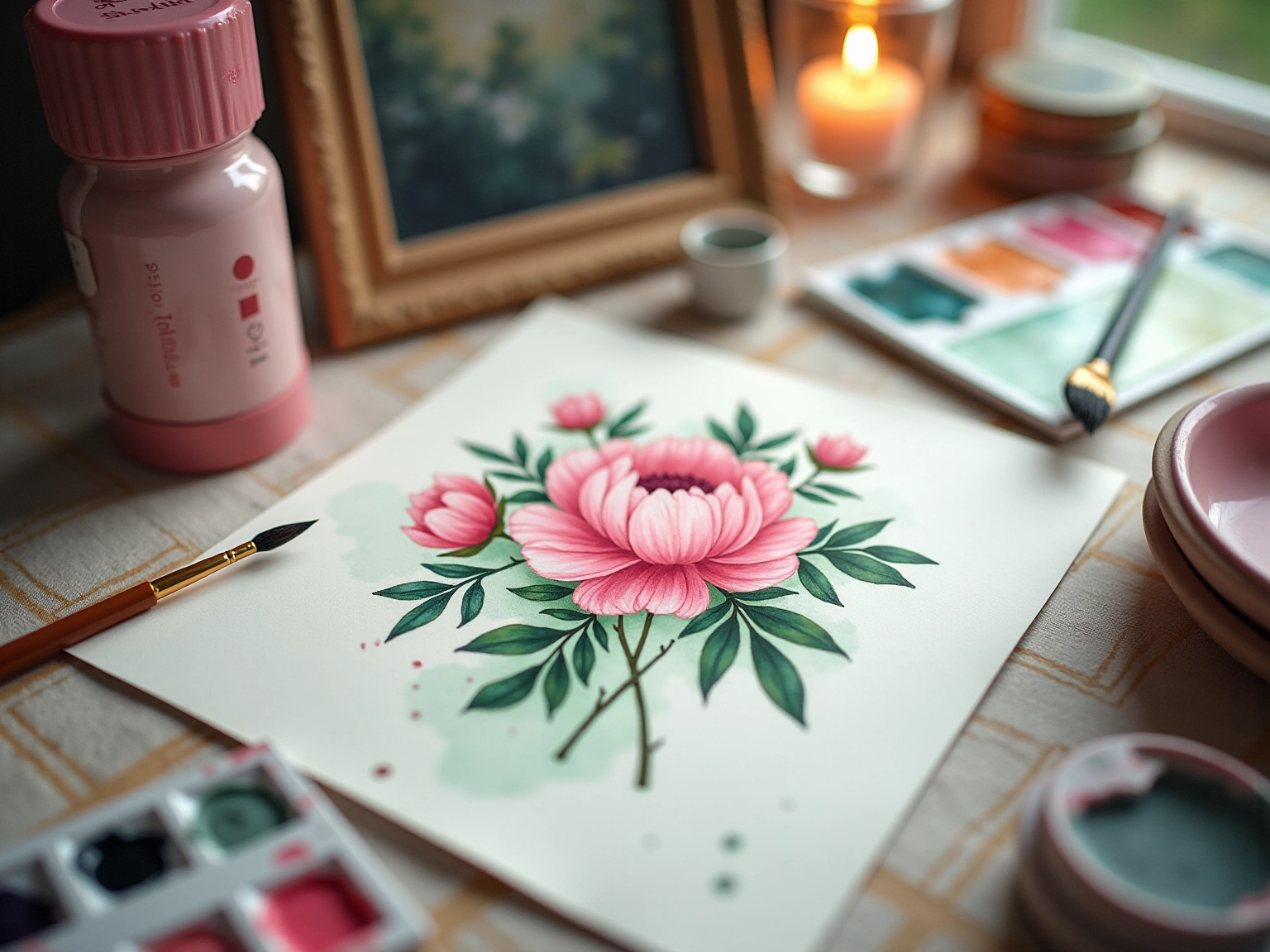 Watercolor Peony Art in Progress