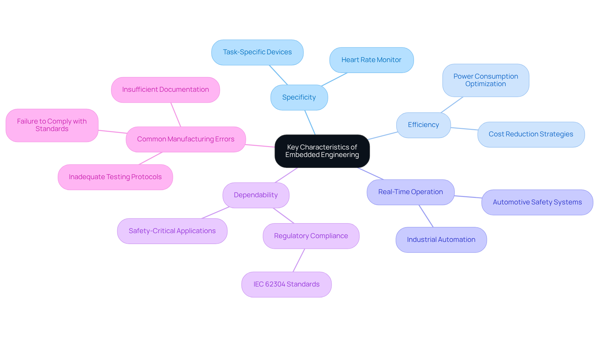 Start at the center with the main topic, then explore each characteristic and its details. Each branch represents a key aspect of embedded engineering, showing how they relate to the overall field.