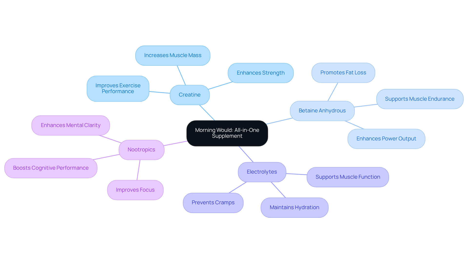 The center represents the all-in-one supplement, and the branches show its key components and benefits. Each color-coded branch helps you see how everything connects to support your fitness journey. The center represents the all-in-one supplement, and the branches show its key components and benefits. Each color-coded branch helps you see how everything connects to support your fitness journey.