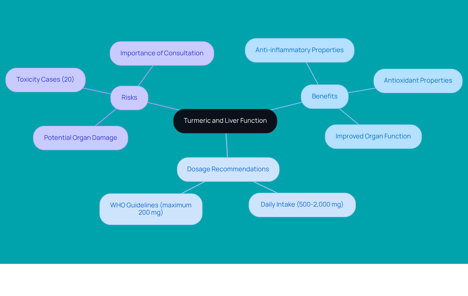 The central idea is turmeric and its role in liver health. Branches show its benefits, dosage guidelines, and potential risks. Each color-coded section helps you navigate through the information easily.