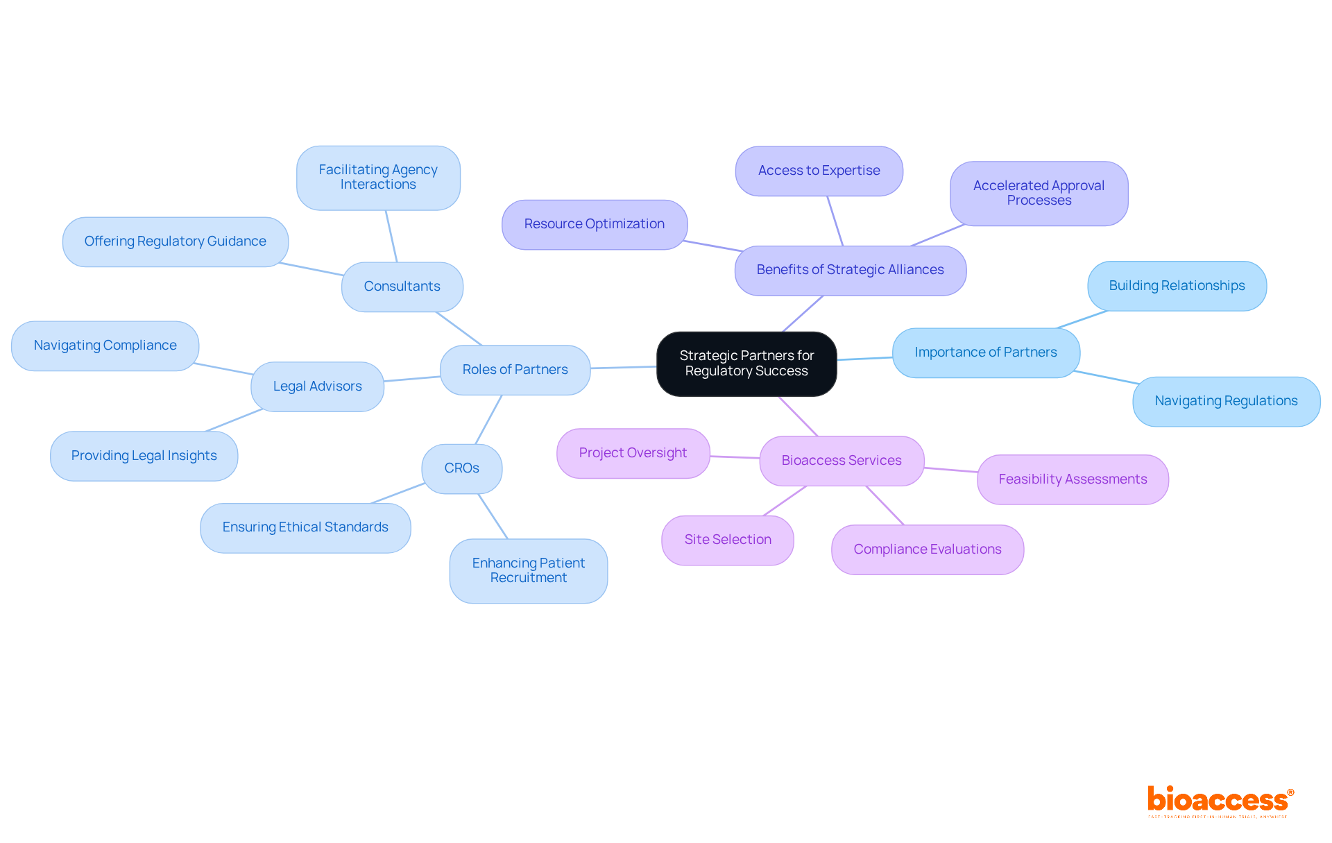 The central node represents the main theme of strategic partnerships. Each branch shows different aspects, such as the roles partners play, the benefits they provide, and specific services offered by Bioaccess. Follow the branches to explore how these elements contribute to regulatory success.