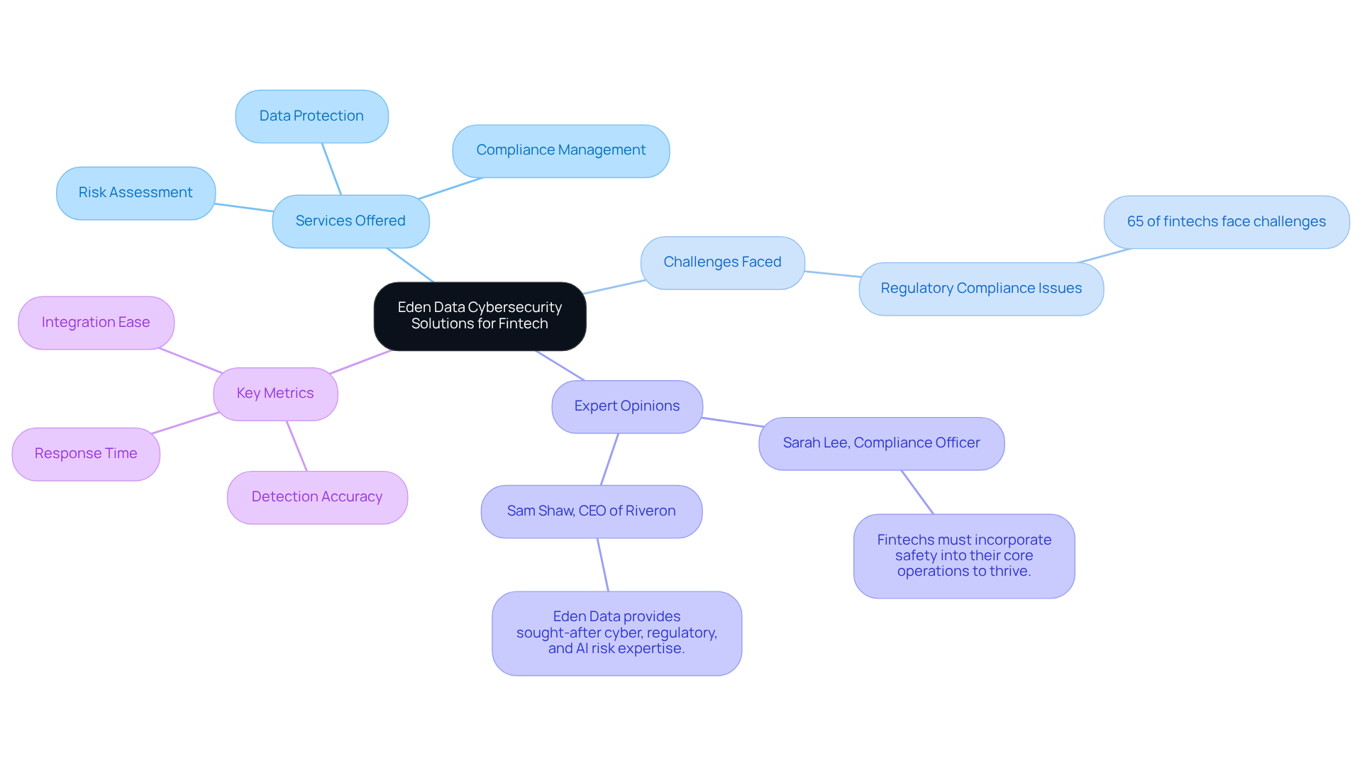 This mindmap starts with Eden Data's core offerings at the center. Each branch represents a different aspect of their solutions, showing how they address the needs of fintech startups and the challenges they face.