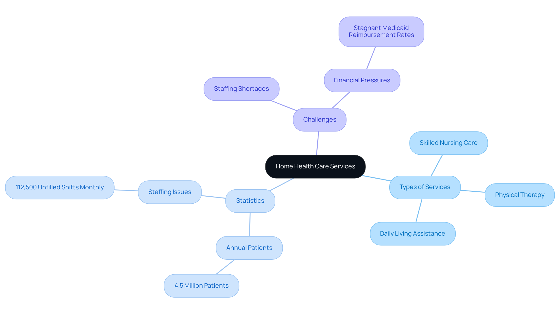 The central node represents the overall topic of home health care, while branches reveal specific areas like services offered and challenges faced. Follow the branches to explore how each component contributes to the overall support for aging in place.