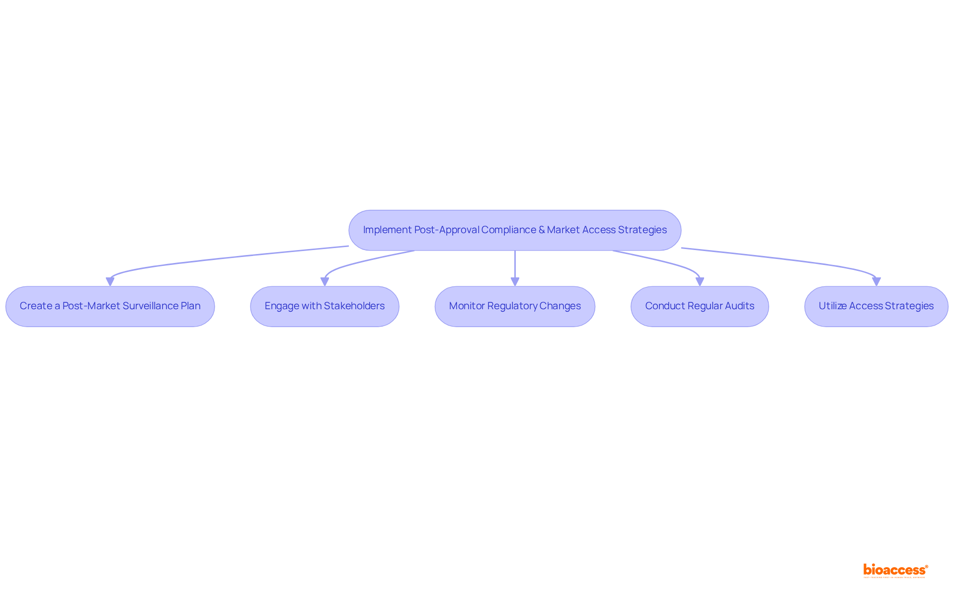 Each box in the flowchart represents a key strategy for market access and compliance after product approval. Follow the arrows to see how these strategies connect to the overall implementation plan.