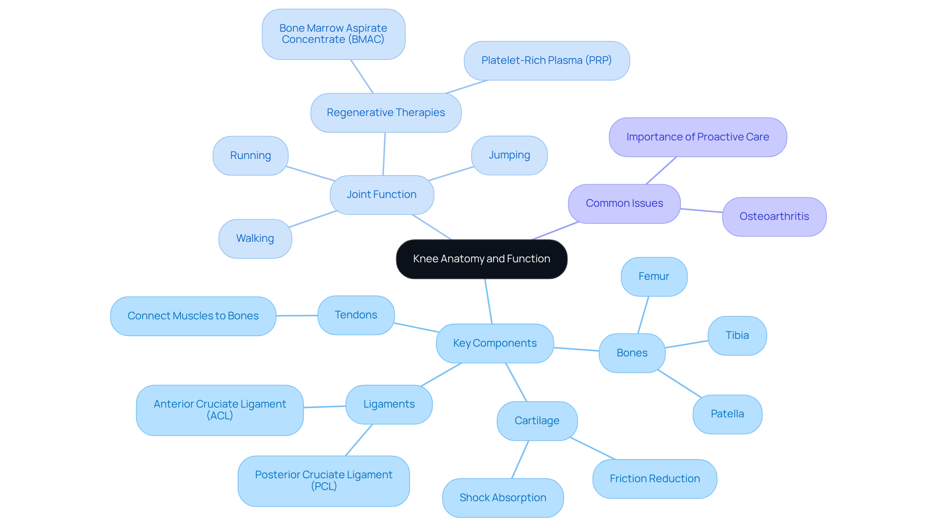 This mindmap starts with the central idea of knee anatomy and function, branching out to show the key components, how the knee works, and common issues. Each branch represents a different aspect of knee health, helping you visualize the connections and importance of each part.