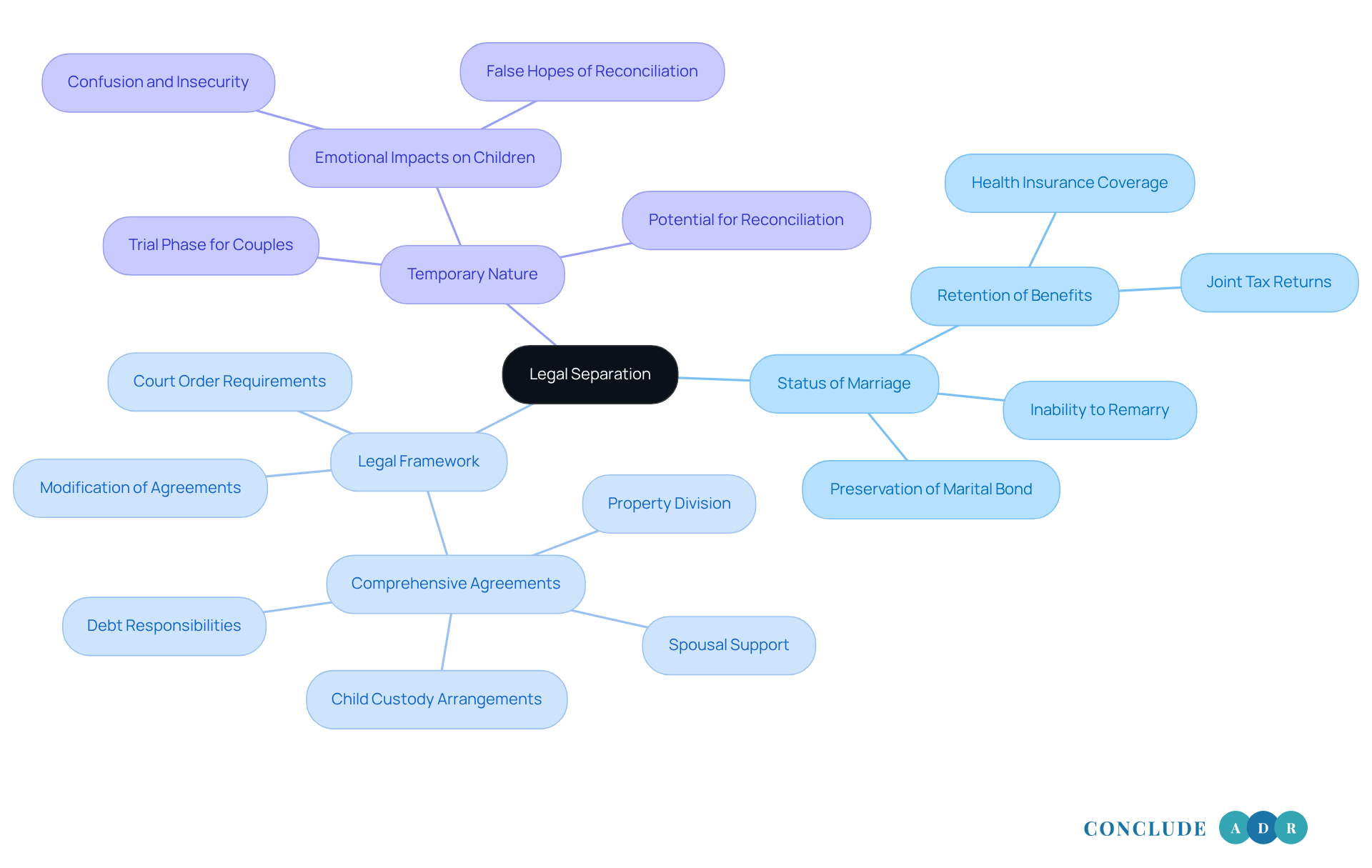 The center represents legal separation, and the branches show different important aspects you need to know. Each color-coded branch highlights a different concept, helping you see how they all relate.