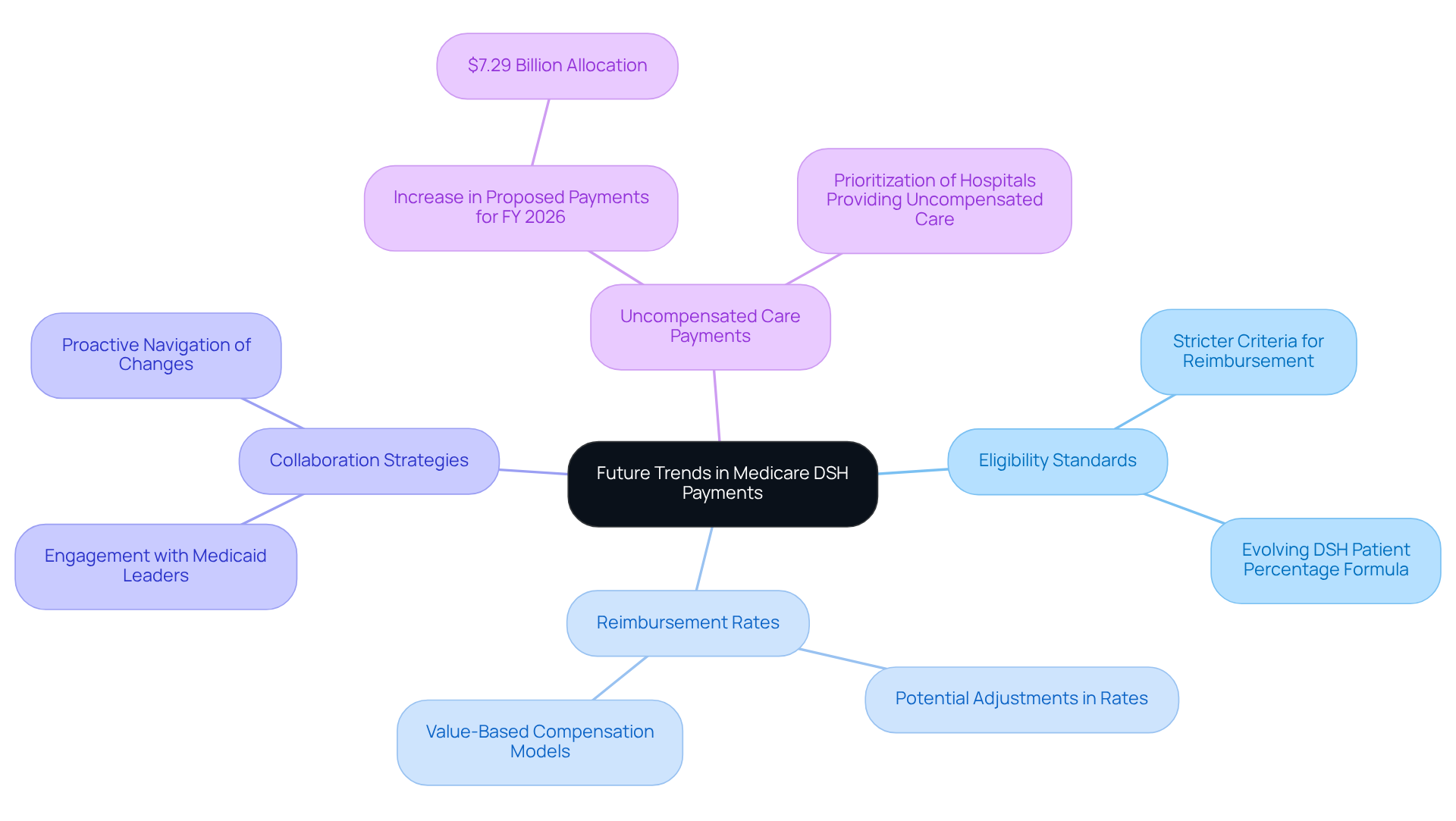 The central node represents the main topic, while branches highlight key trends and strategies. Explore each branch to understand the factors influencing Medicare DSH payment changes.