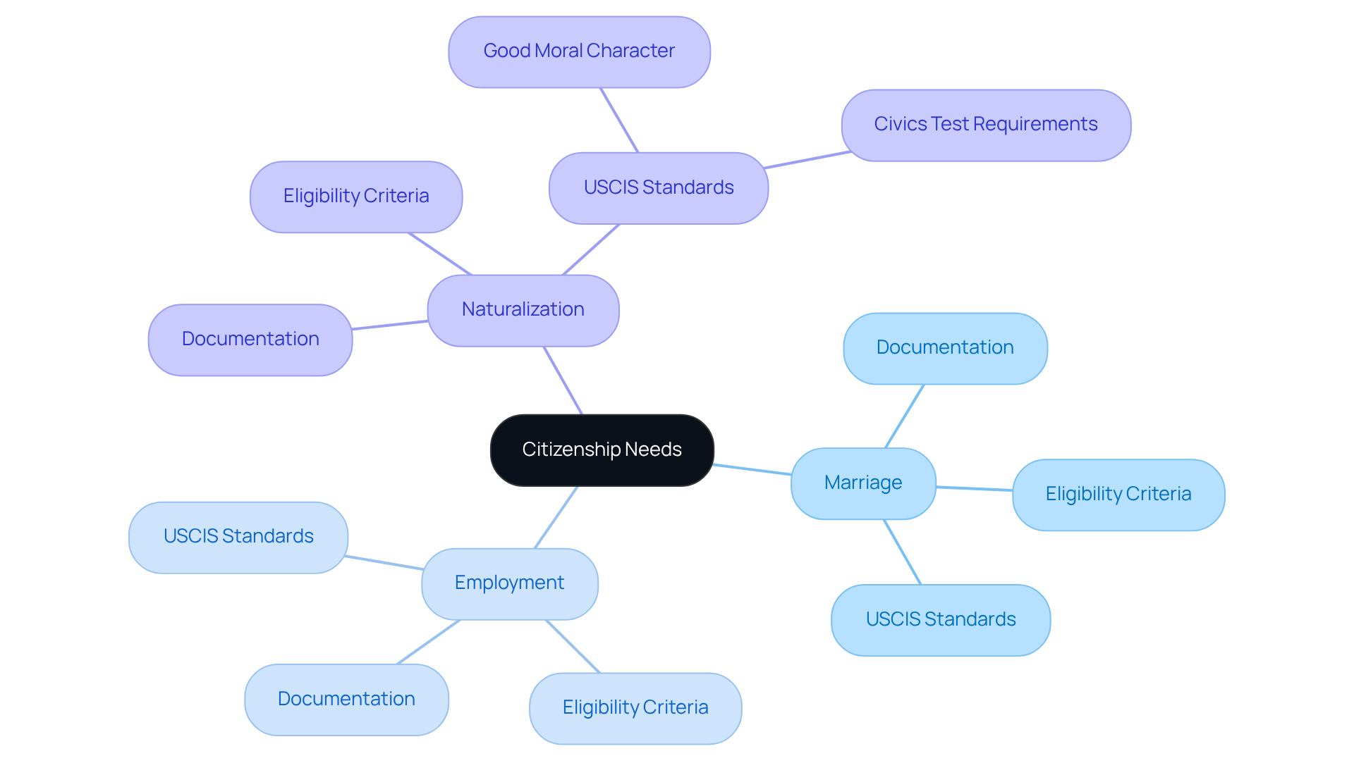 Start at the center with your main citizenship needs, then follow the branches to explore different pathways and the challenges you might face along the way.