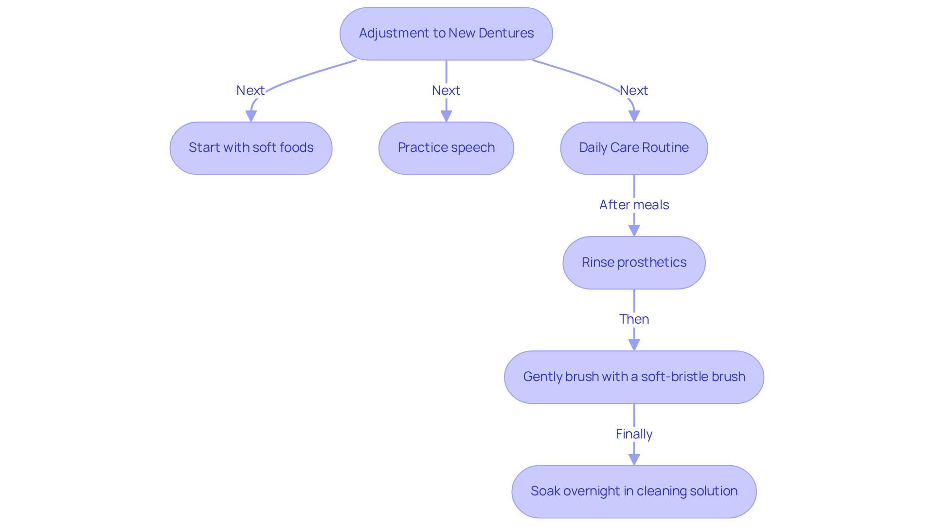Follow the arrows to see how to adjust to your new dentures and the daily care steps to keep them clean and comfortable.