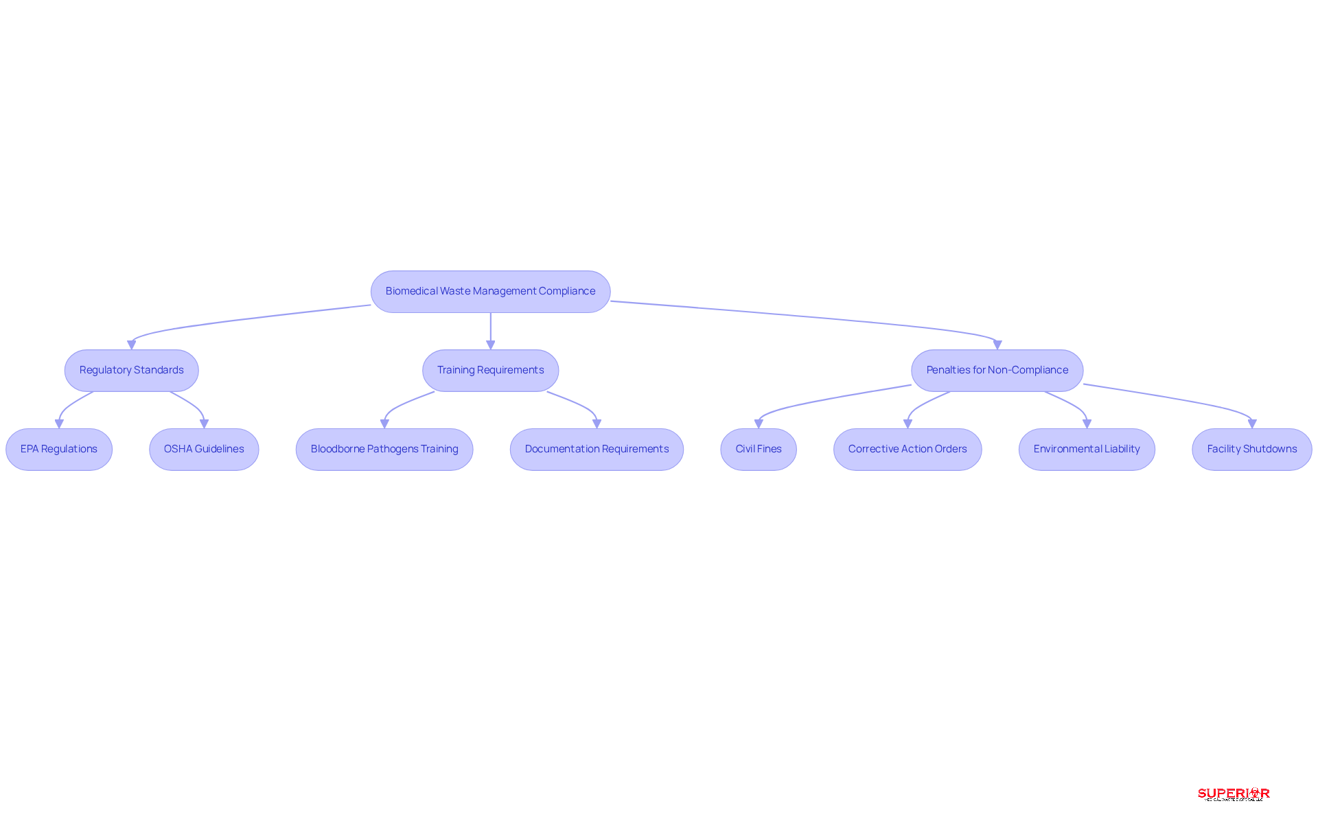 This flowchart outlines the steps necessary for compliance in biomedical waste management. Follow the arrows to see how regulations lead to training and the consequences of non-compliance.