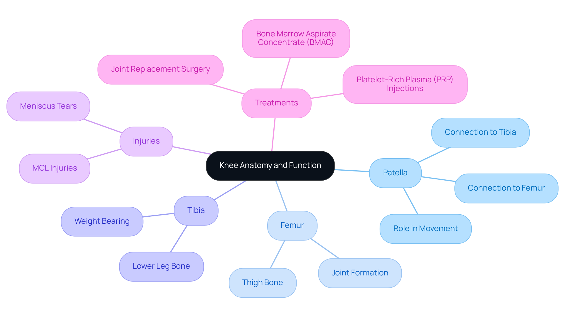The central node represents the overall topic of knee anatomy. Each branch explores a different aspect, such as the bones involved, common injuries, and available treatments. Follow the branches to see how everything connects and the importance of each part.