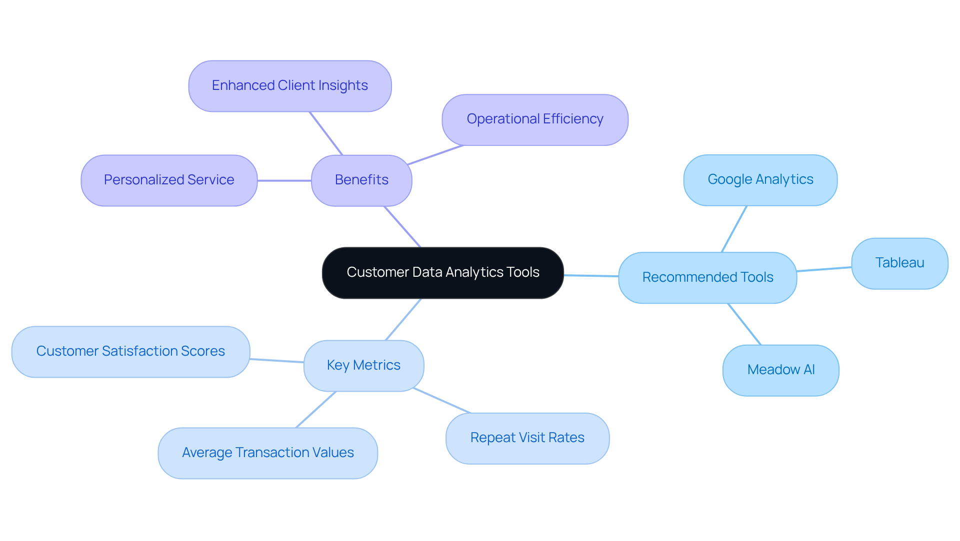 The central node represents the main topic, while branches show specific tools and metrics that help restaurants understand customer behavior. Each color-coded branch helps differentiate between categories, making it easy to follow the connections.