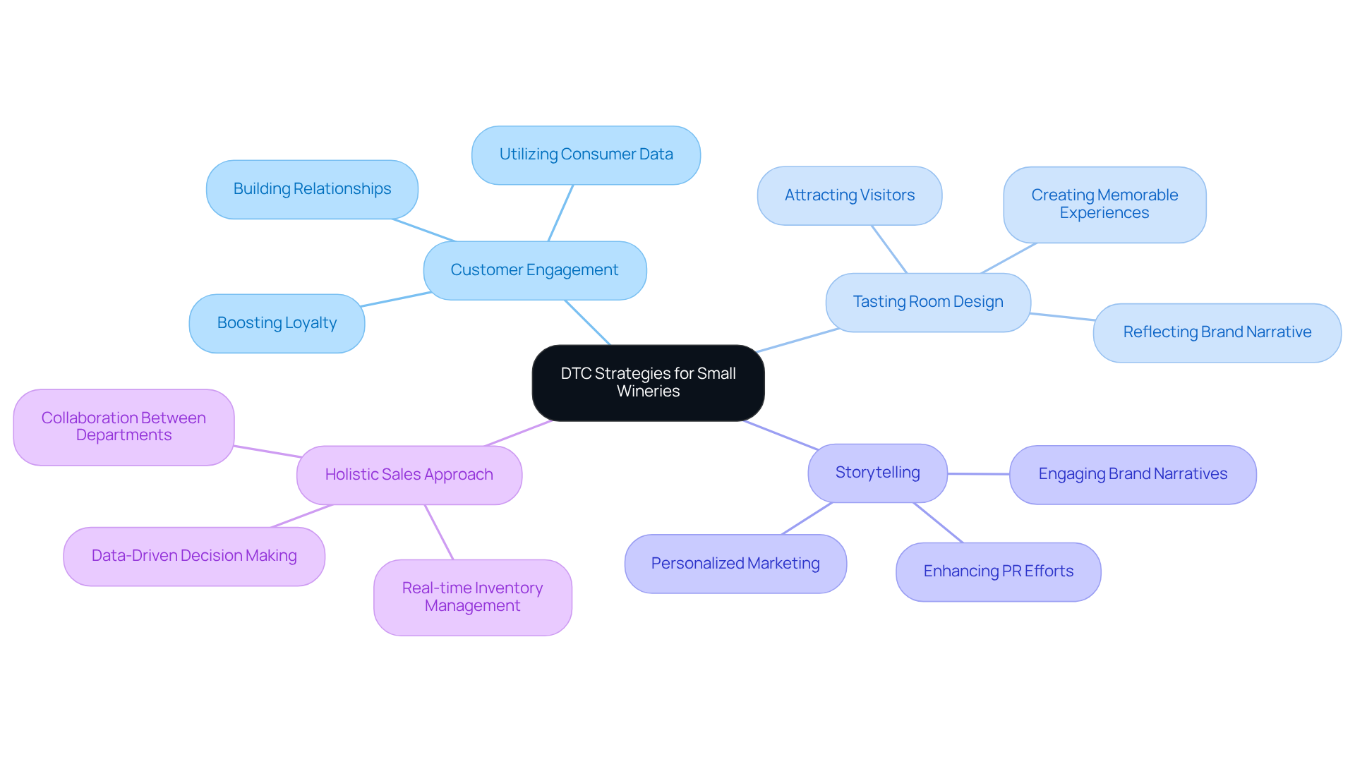Start from the center with the main focus on DTC strategies, then follow the branches to explore different approaches and their interconnected benefits. Each color-coded branch highlights a strategy area, making it easy to navigate the ideas and see how they contribute to the overall goal.
