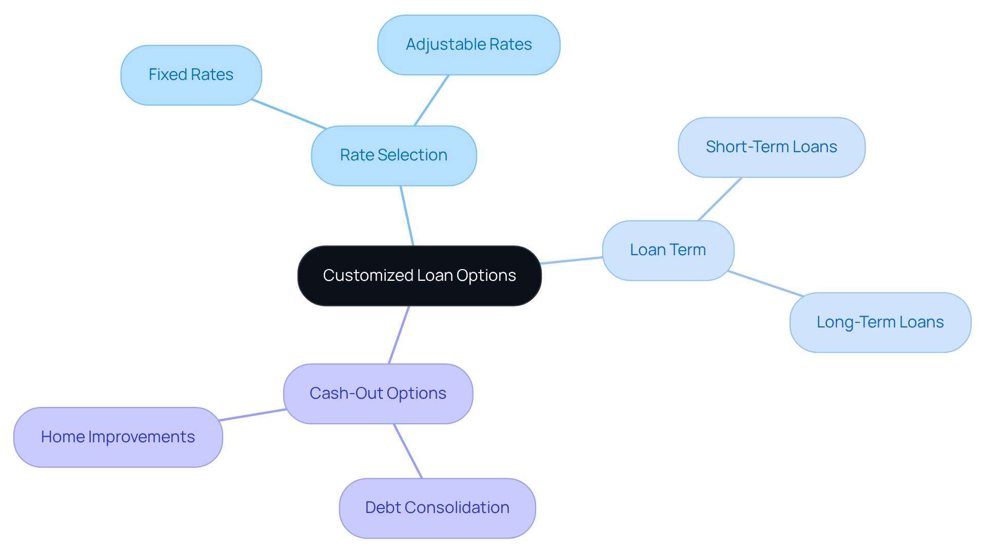 Start at the center with the main idea of customizing loans, then explore the branches to see the different options available and how they can fit into a property owner's financial strategy.