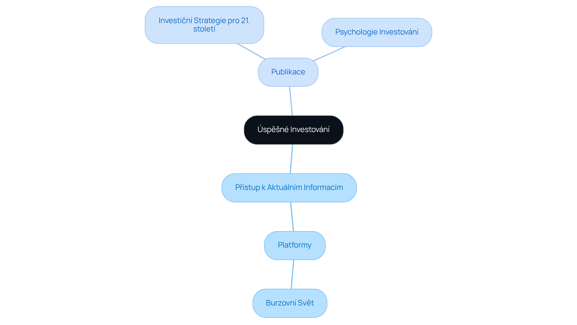 V centru je úspěšné investování. Větve ukazují klíčové aspekty, jako je přístup k informacím a konkrétní publikace, které pomáhají investorům zlepšit jejich dovednosti.