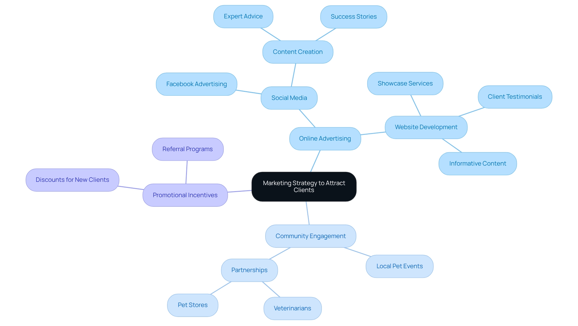 The center represents the overall goal of attracting clients, with branches showing different strategies. Each branch breaks down into specific actions that support the main strategies, making it clear how to implement the marketing plan.