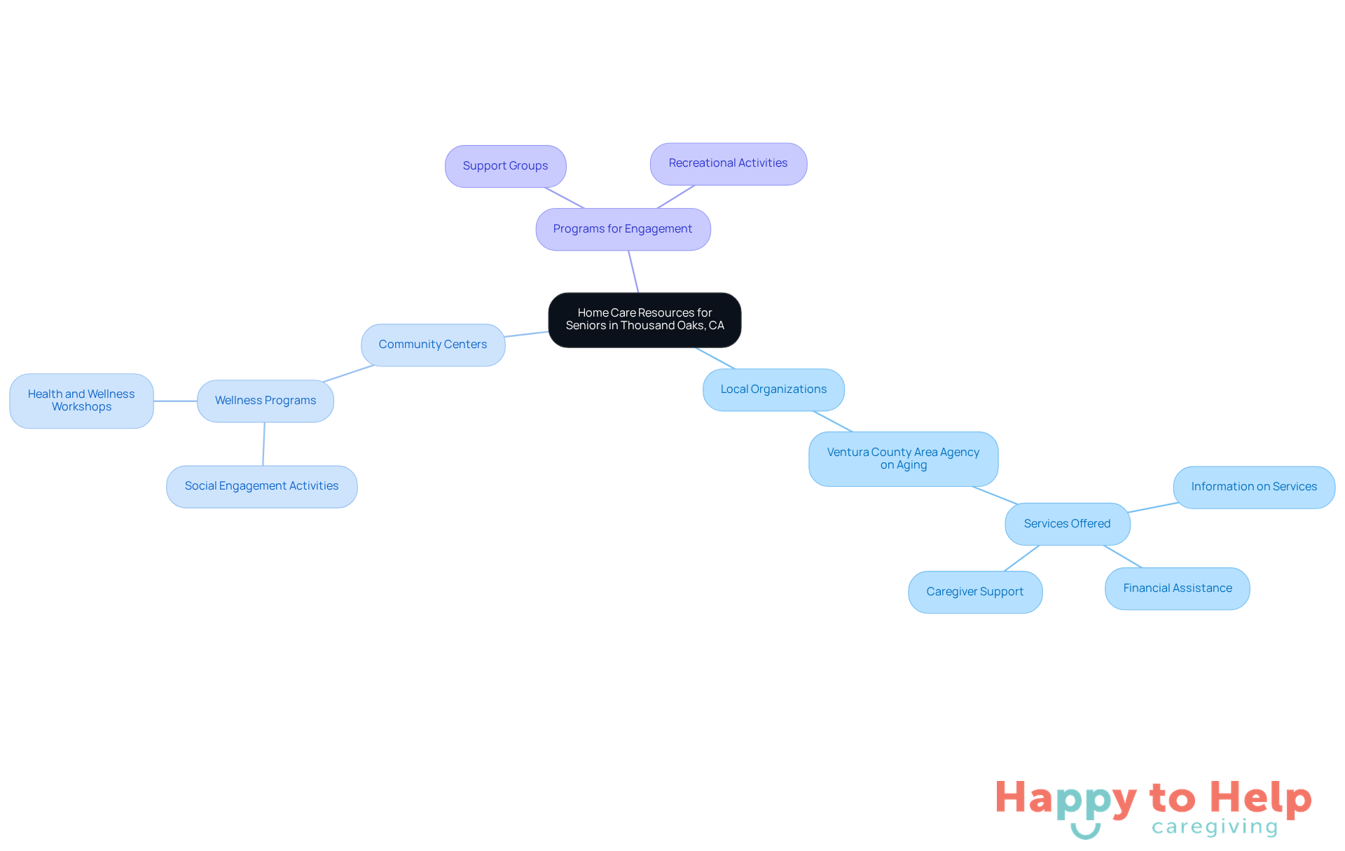 The center represents the main topic of home care resources, while the branches show different types of support available. Each sub-node provides specific details about organizations and programs that help seniors and their families.