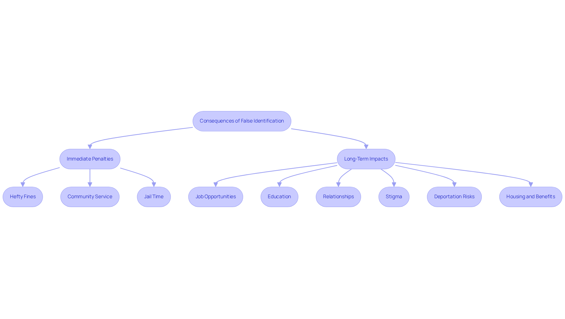 This flowchart shows the various consequences of being falsely identified. Start at the top with the main issue, then follow the branches to see the immediate penalties and the long-term effects that can arise from them. This flowchart shows the various consequences of being falsely identified. Start at the top with the main issue, then follow the branches to see the immediate penalties and the long-term effects that can arise from them.