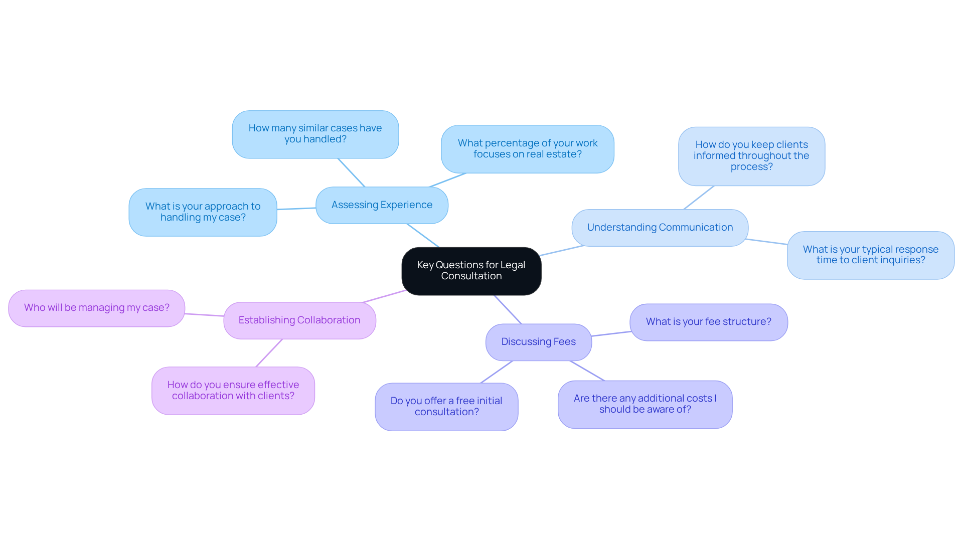 The center represents the main focus of your consultation. Each branch shows a different area of inquiry, with specific questions listed underneath to guide your discussion with the lawyer.