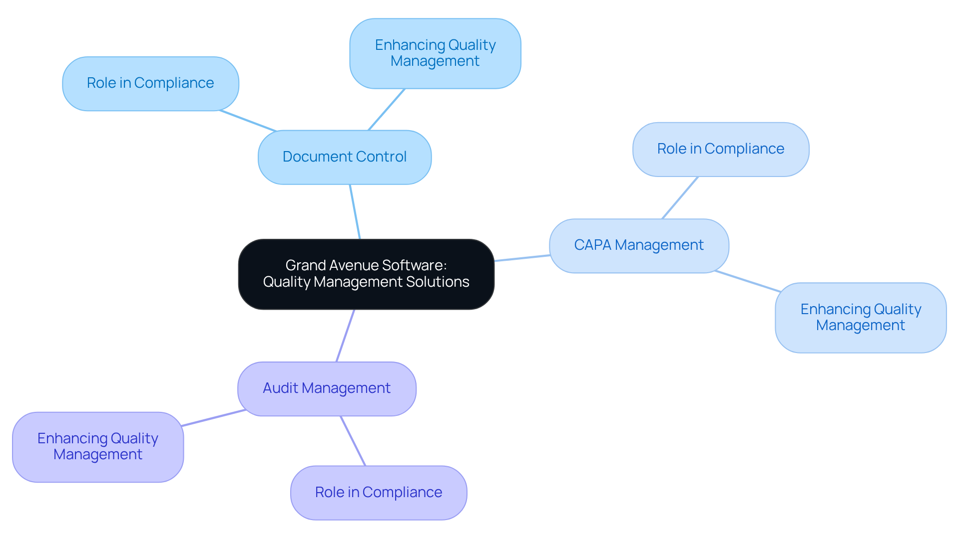 The central node represents the software's main focus, while the branches show specific features that help companies comply with regulations. Each feature is connected to the overall goal of enhancing quality management.