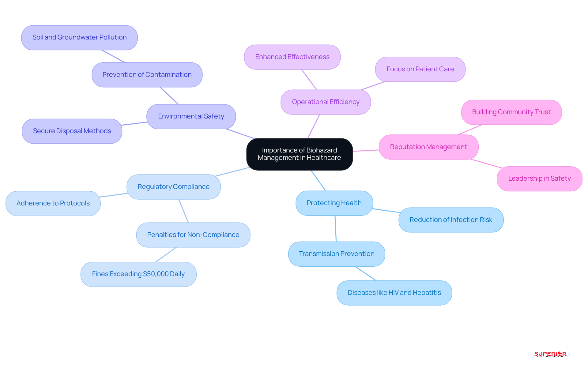 The central node represents the main topic, while each branch highlights a key reason for biohazard management. Follow the branches to explore how each reason contributes to healthcare safety and compliance.