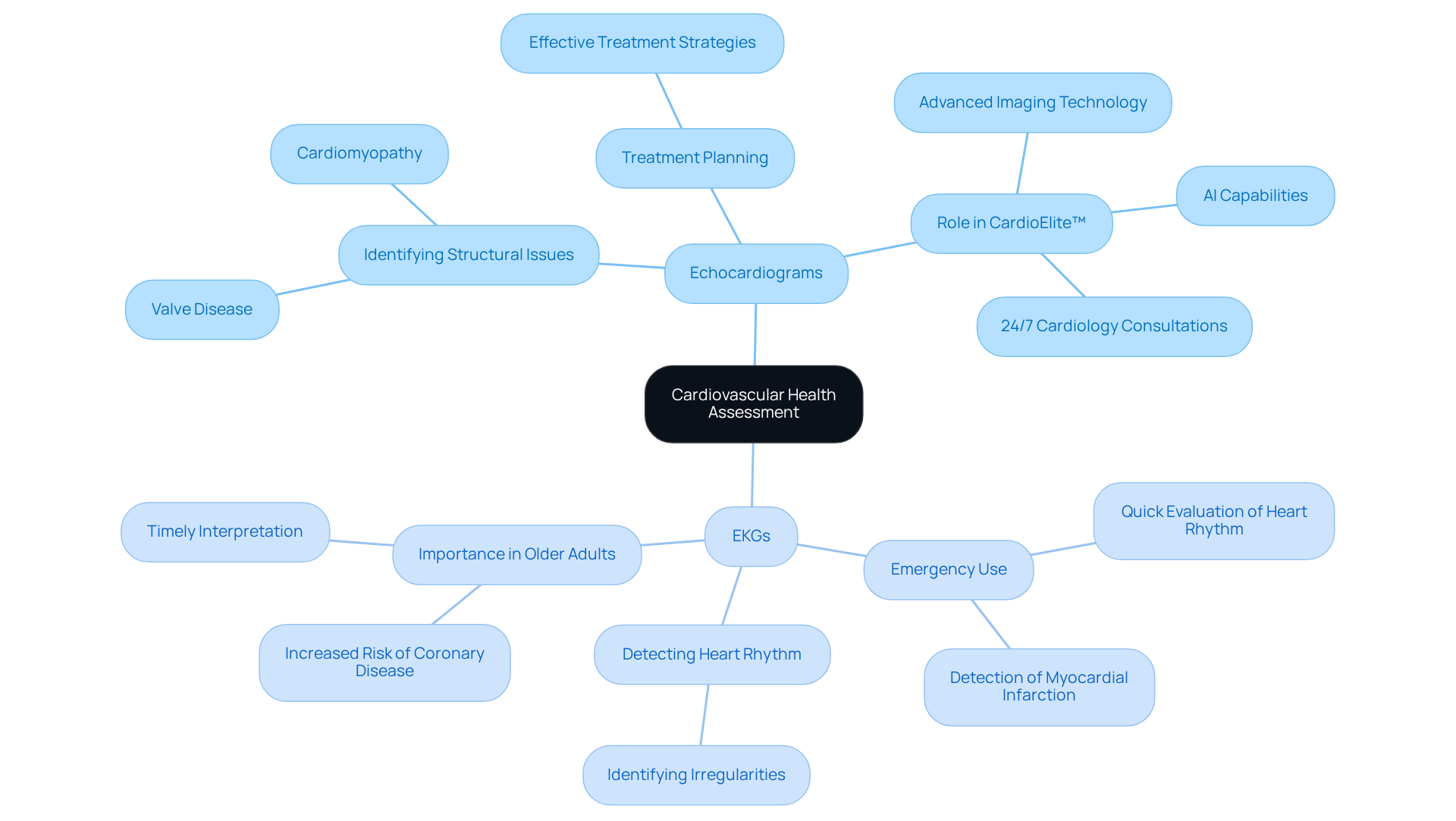 The central node represents the overall theme of cardiovascular health assessment. The branches show the two main diagnostic tools, with further details on their specific uses and importance in patient care.