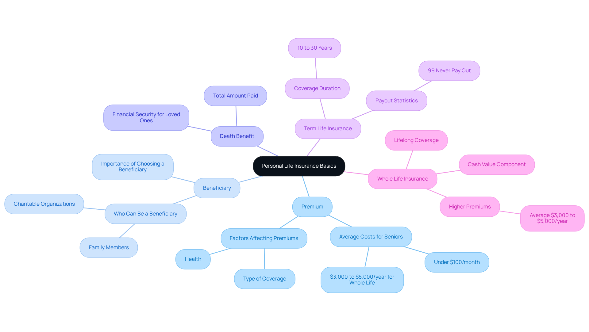 The center represents the main topic of personal life insurance, while the branches show important components and details. Each color-coded branch helps you quickly identify different aspects of life insurance, making it easier to understand how they connect.