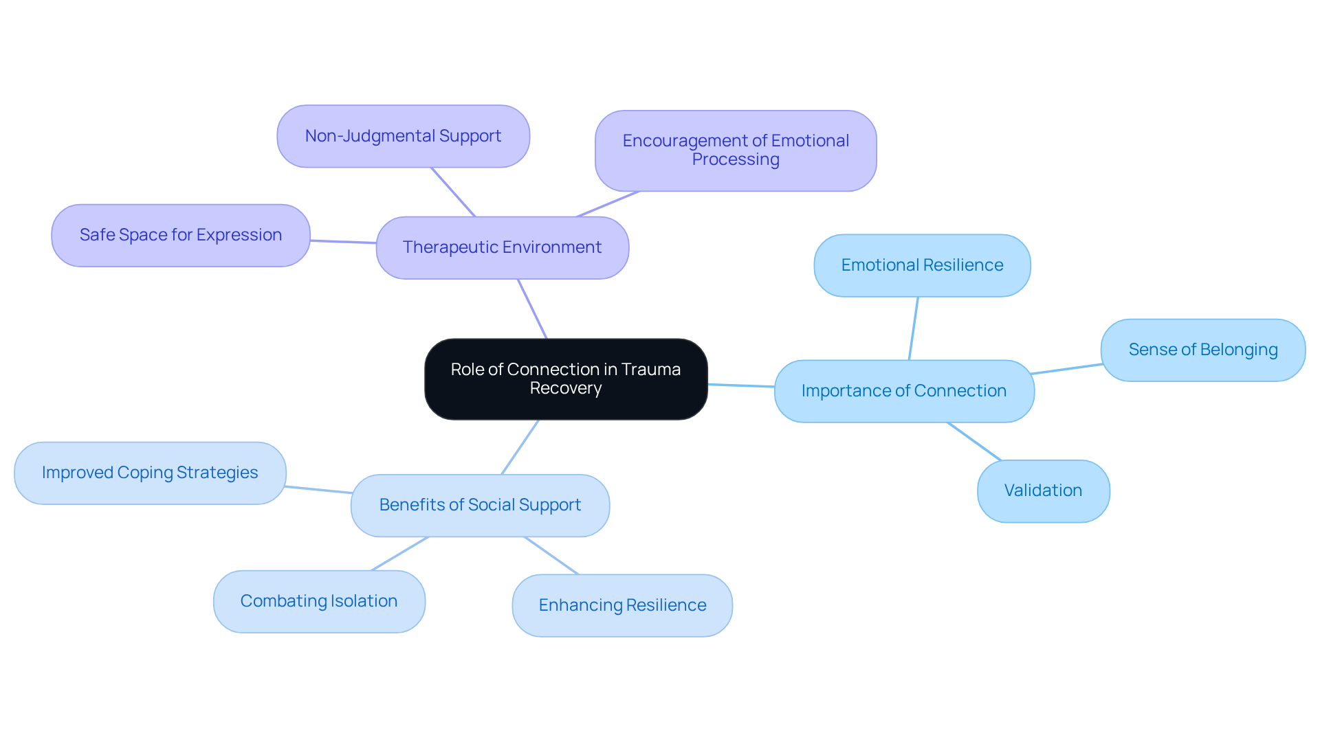 The central node represents the main theme of connection in trauma recovery. Each branch highlights key aspects and benefits of social support, showing how they contribute to healing. Follow the branches to explore how nurturing relationships can aid in recovery. The central node represents the main theme of connection in trauma recovery. Each branch highlights key aspects and benefits of social support, showing how they contribute to healing. Follow the branches to explore how nurturing relationships can aid in recovery.
