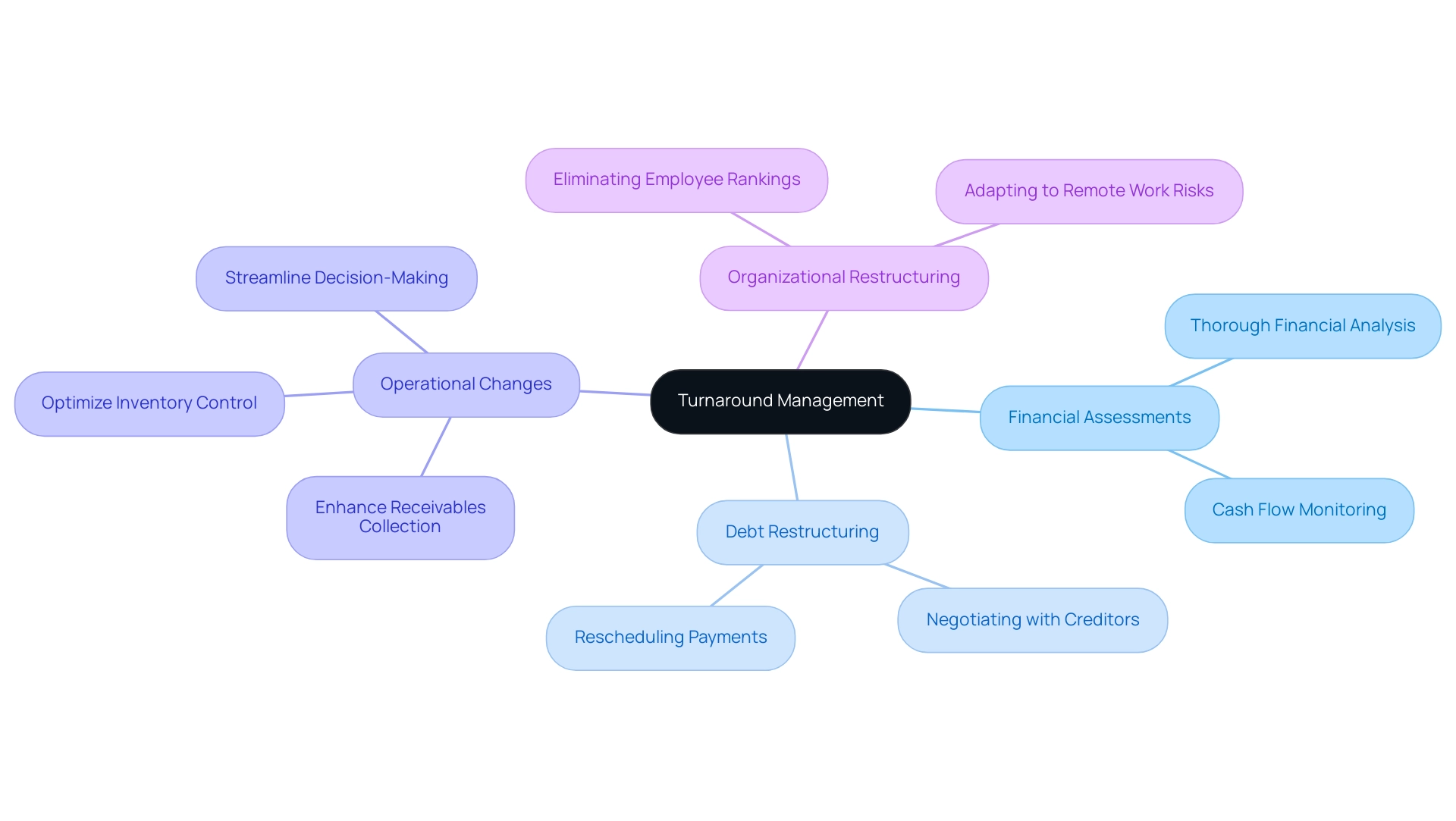 The central node represents the concept of turnaround management, with branches showing key responsibilities and strategies related to recovery efforts.