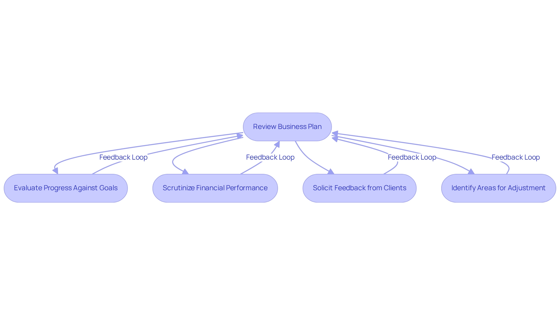 This flowchart shows the steps you should take to regularly review and adjust your business plan. Each box represents a key action in the process, and arrows indicate the flow from one step to the next, highlighting how each part is interconnected.