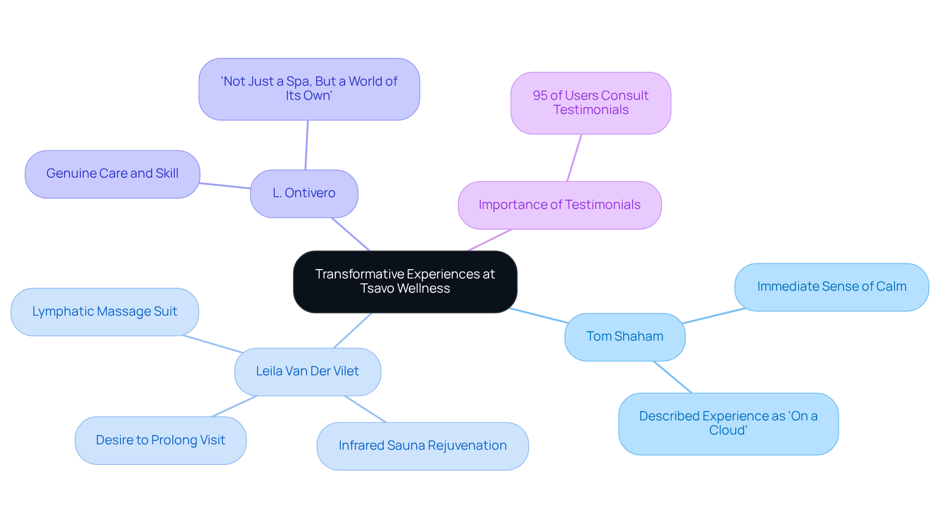 At the center is the overall theme of transformative experiences, with branches representing different clients sharing their unique stories about treatments, along with a side note on how important testimonials are in healthcare decisions.