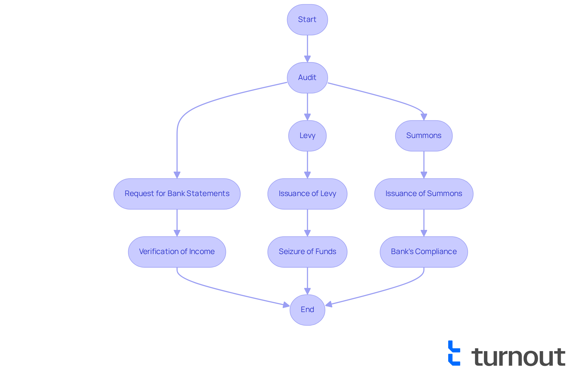 This flowchart shows how the IRS can access your bank records through audits, levies, and summonses. Each branch represents a different process, with steps indicating what happens at each stage. Follow the arrows to see how the IRS operates in these situations. This flowchart shows how the IRS can access your bank records through audits, levies, and summonses. Each branch represents a different process, with steps indicating what happens at each stage. Follow the arrows to see how the IRS operates in these situations.