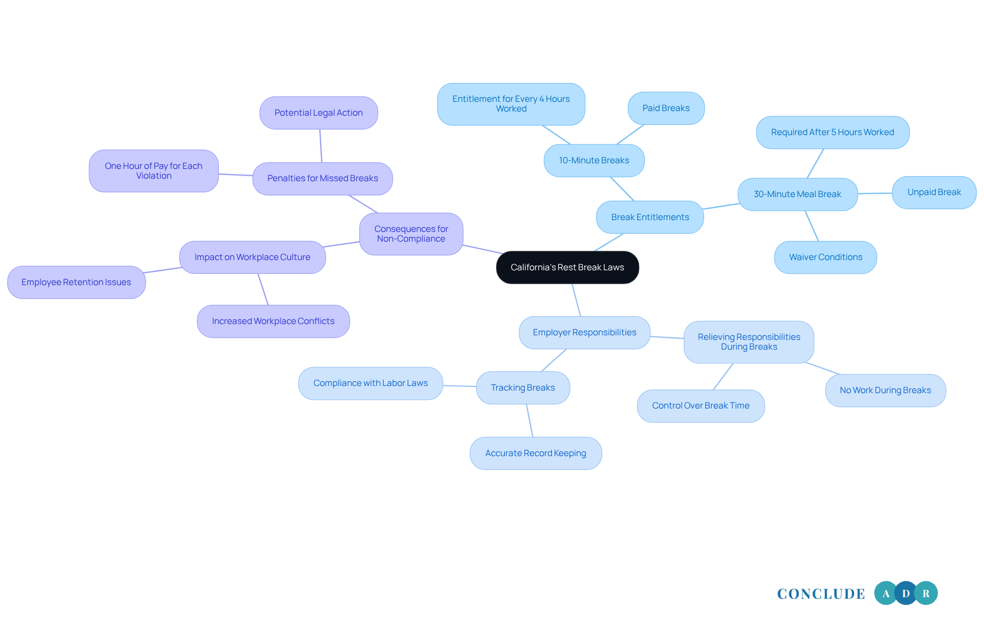 The central node represents the main topic, while the branches show specific laws and responsibilities. Each color-coded branch helps you see how everything connects, making it easier to understand your rights and employer obligations.