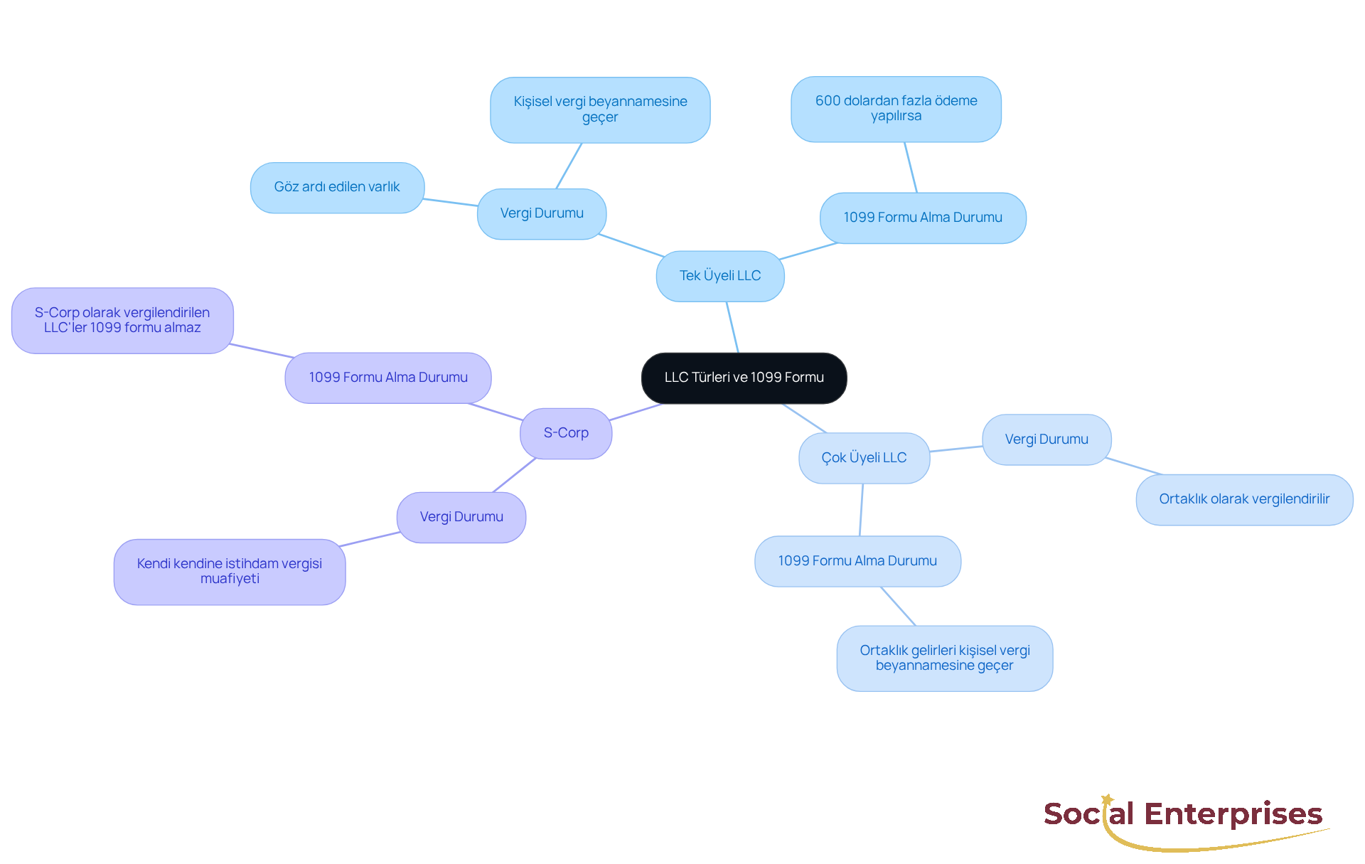 Merkezdeki başlık, LLC türleri ve bu türlerin 1099 formu alma durumunu gösteriyor. Her dal, belirli bir LLC türünü ve onun 1099 formu ile ilgili durumunu açıklıyor.