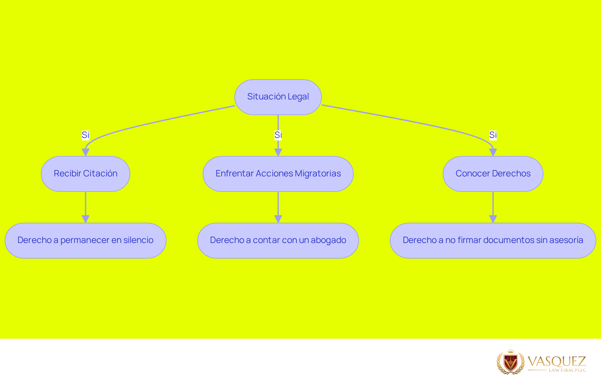 Cada paso en el diagrama muestra lo que debe hacer una persona en situaciones legales y sus derechos. Sigue las flechas para entender cómo navegar por el proceso y qué derechos tienes en cada etapa.