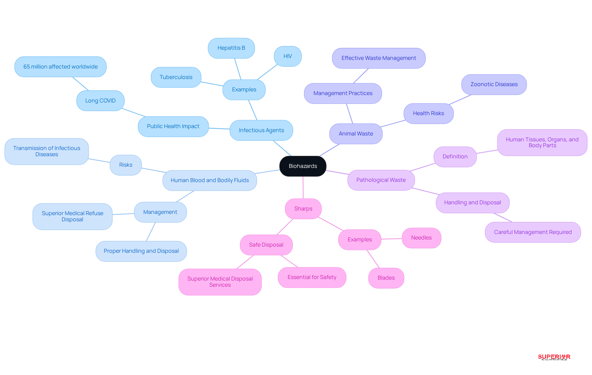 The central node represents biohazards, while the branches show different types. Each sub-branch provides examples and important notes, helping you understand the risks and management strategies associated with each category.