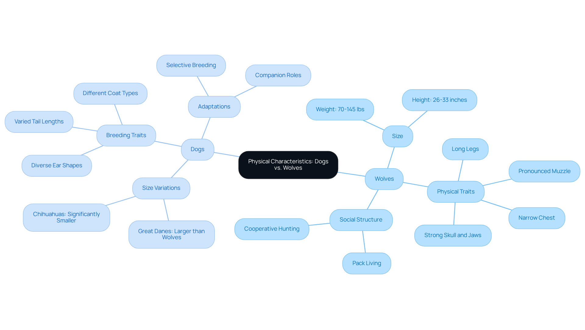 This mindmap shows how dogs and wolves differ physically and socially. Each branch highlights key traits, helping you easily compare the two species.