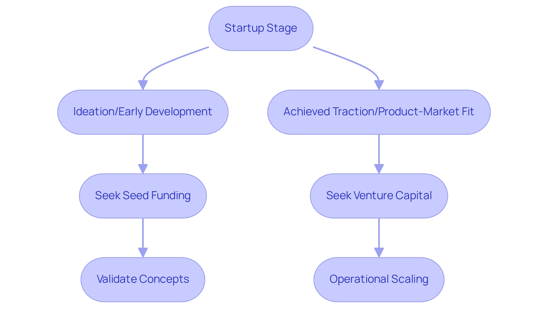 Green boxes represent seed funding options, and blue boxes represent venture capital options, with arrows indicating the flow of decisions based on startup stages.